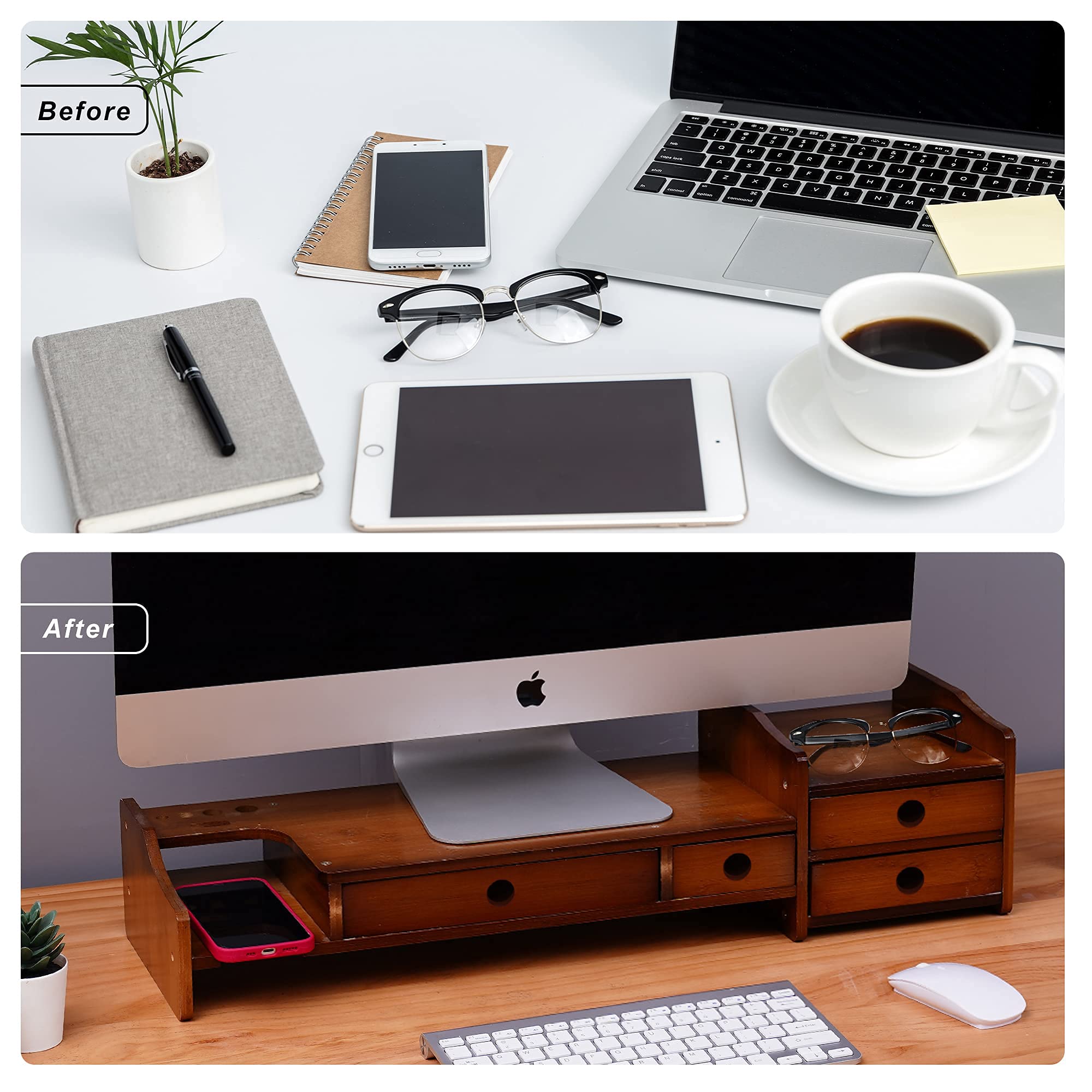 Sundale Bamboo Monitor Stand Riser with Drawer, Computer Riser Desk ...