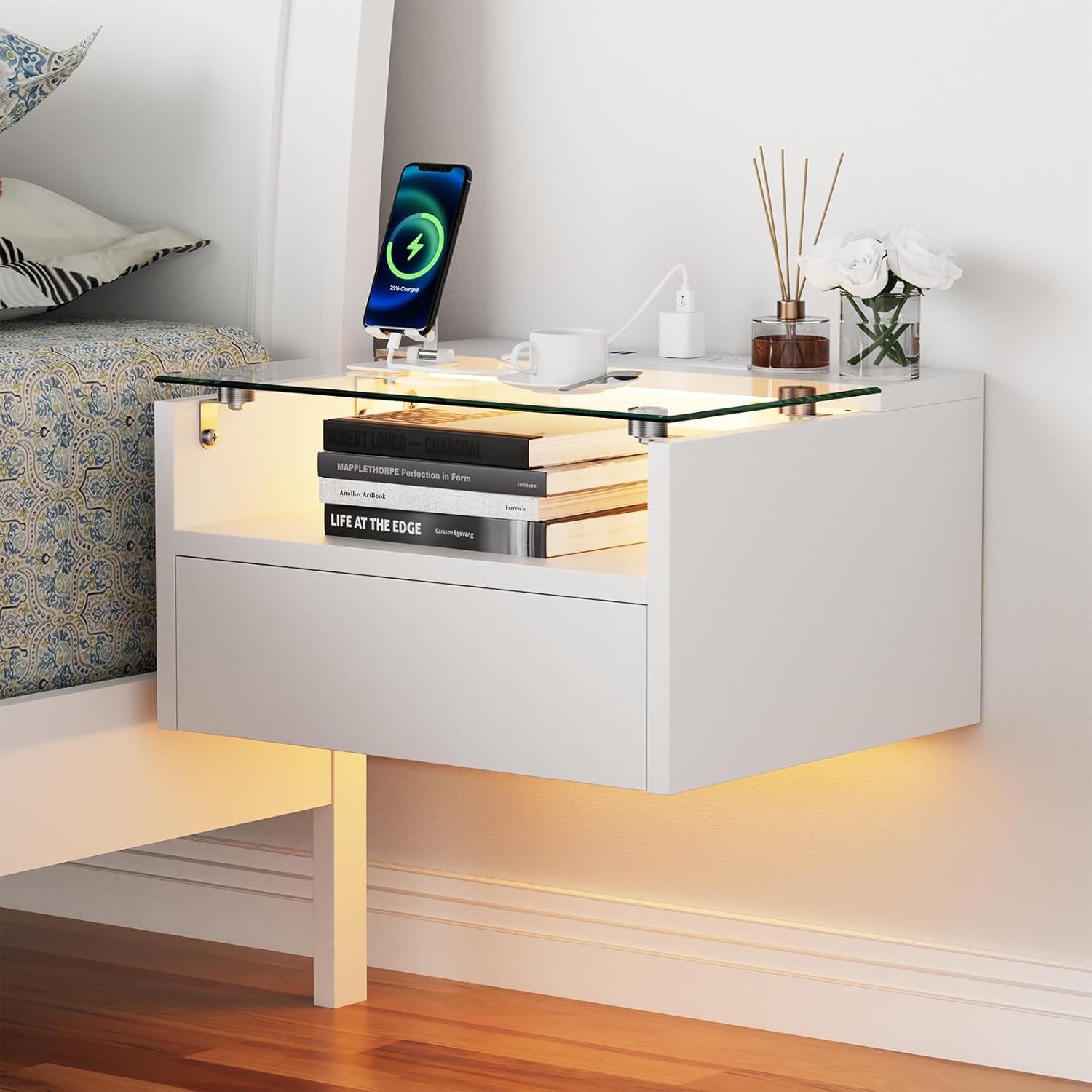 Amazon.com: Floating Nightstand Set with Charging Station, Floating ...