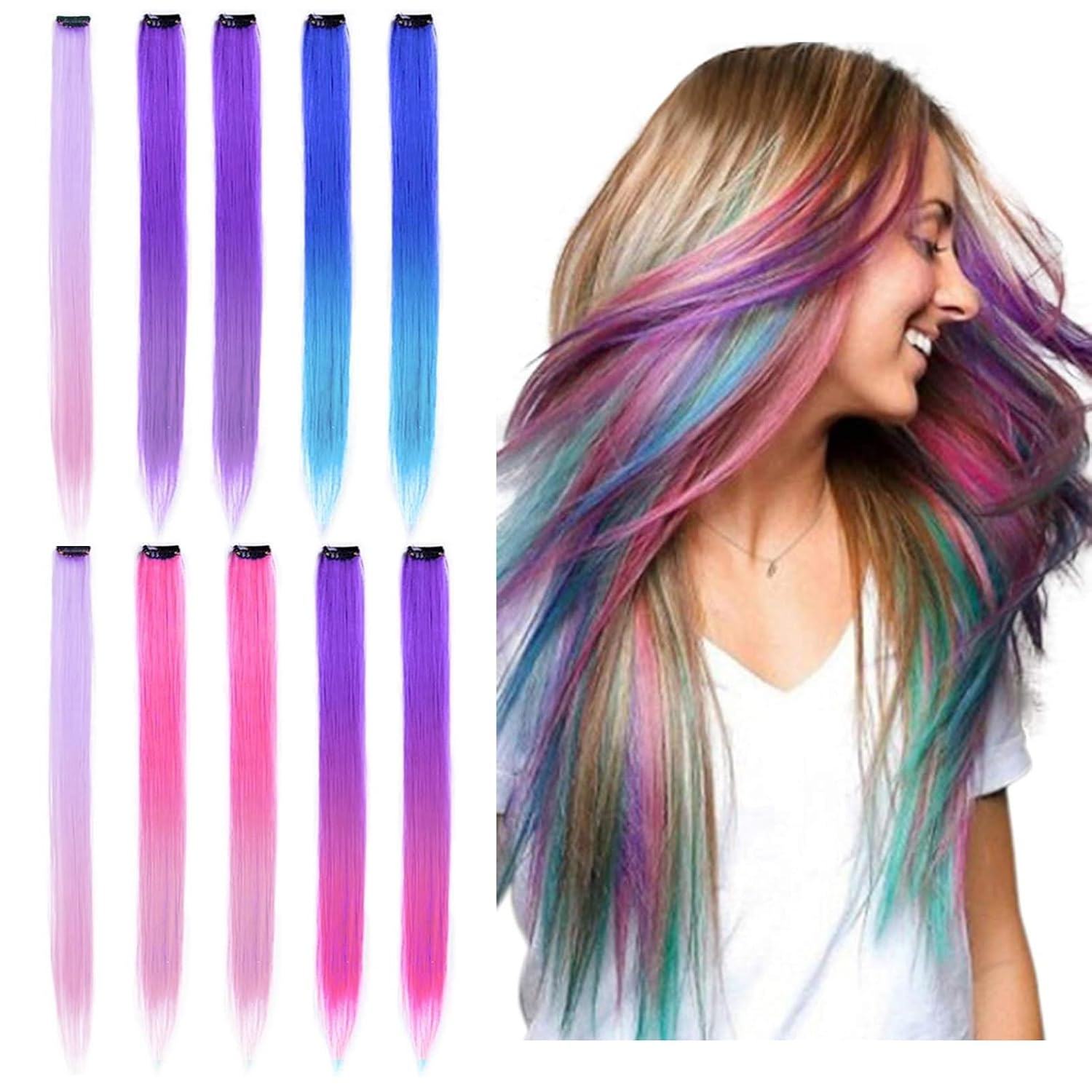 Long Straight Rainbow Color Hair Extensions For Kids Girls / 6pcs Hair ...