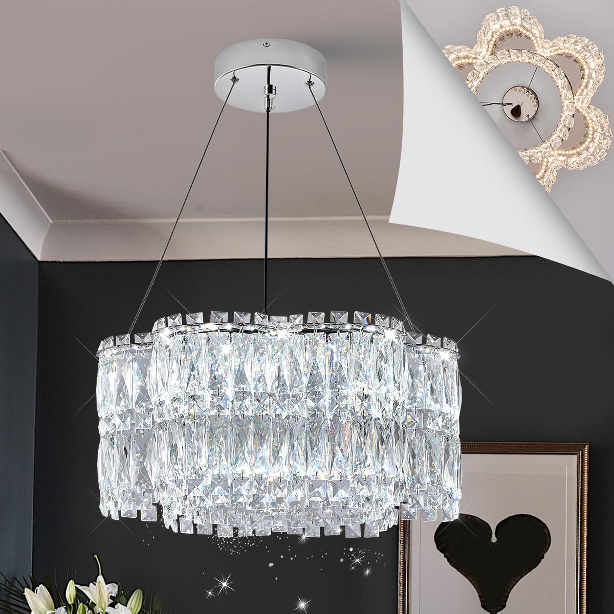 Poemoon Dining LED Crystal Chandelier with Remote Control 20’’ Luxury ...