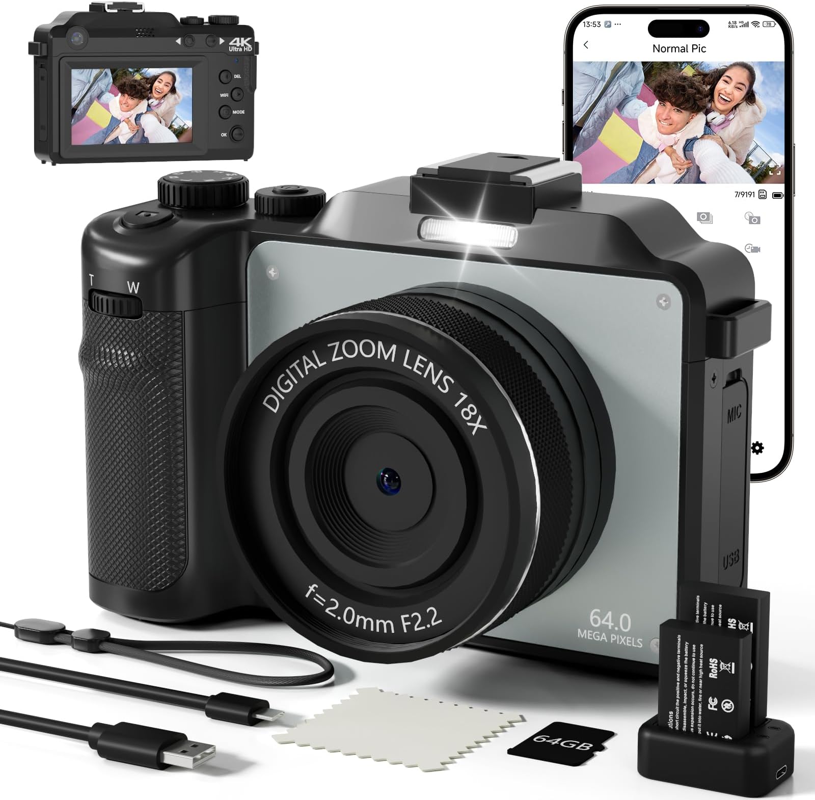 Amazon.com : 4K Digital Camera For photography, 64MP WiFi Autofoucs ...