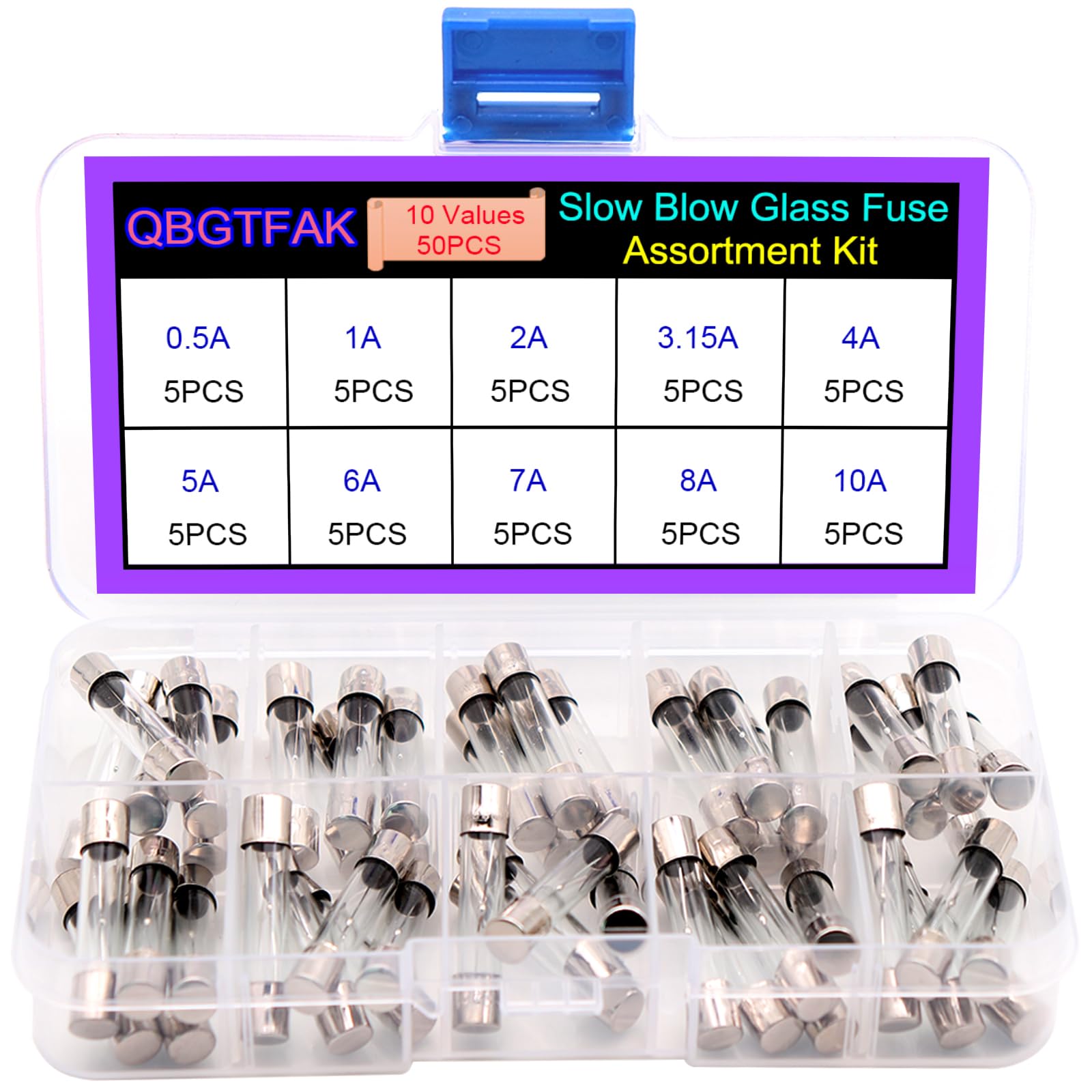 QBGTFAK 10 Values50pcs Slow Blow Glass Fuses Assorted Kit 6x30mm, 250V ...