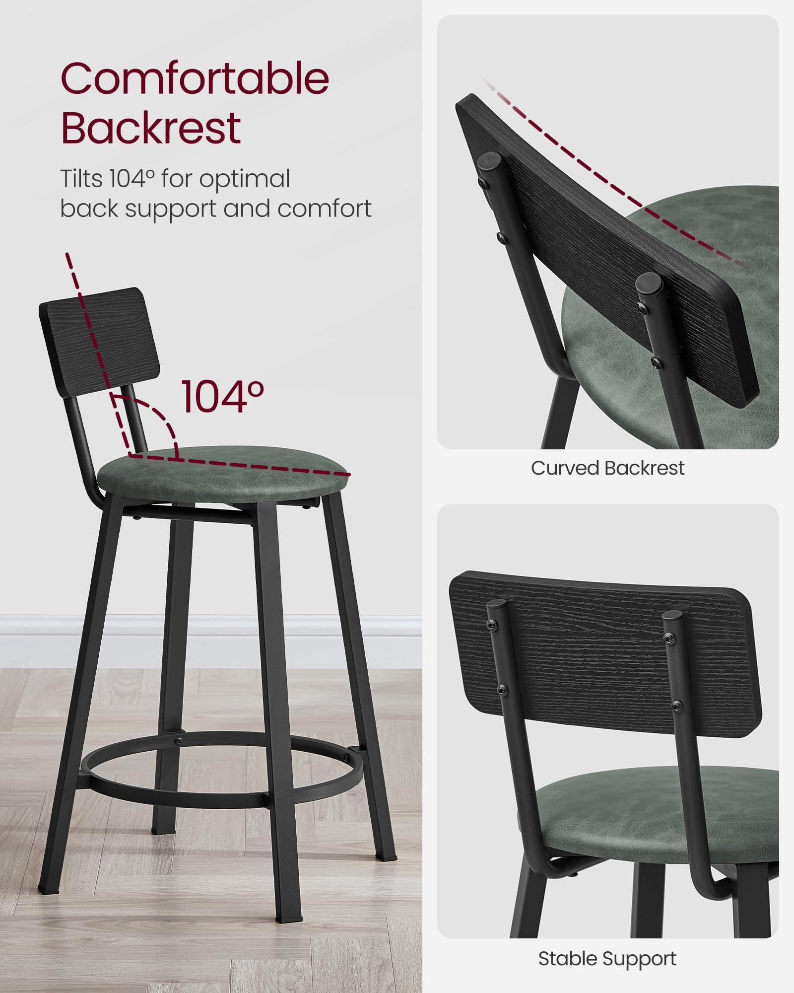 VASAGLE Bar Stools, Set of 2 PU Upholstered Breakfast Stools, 29.7-Inch ...