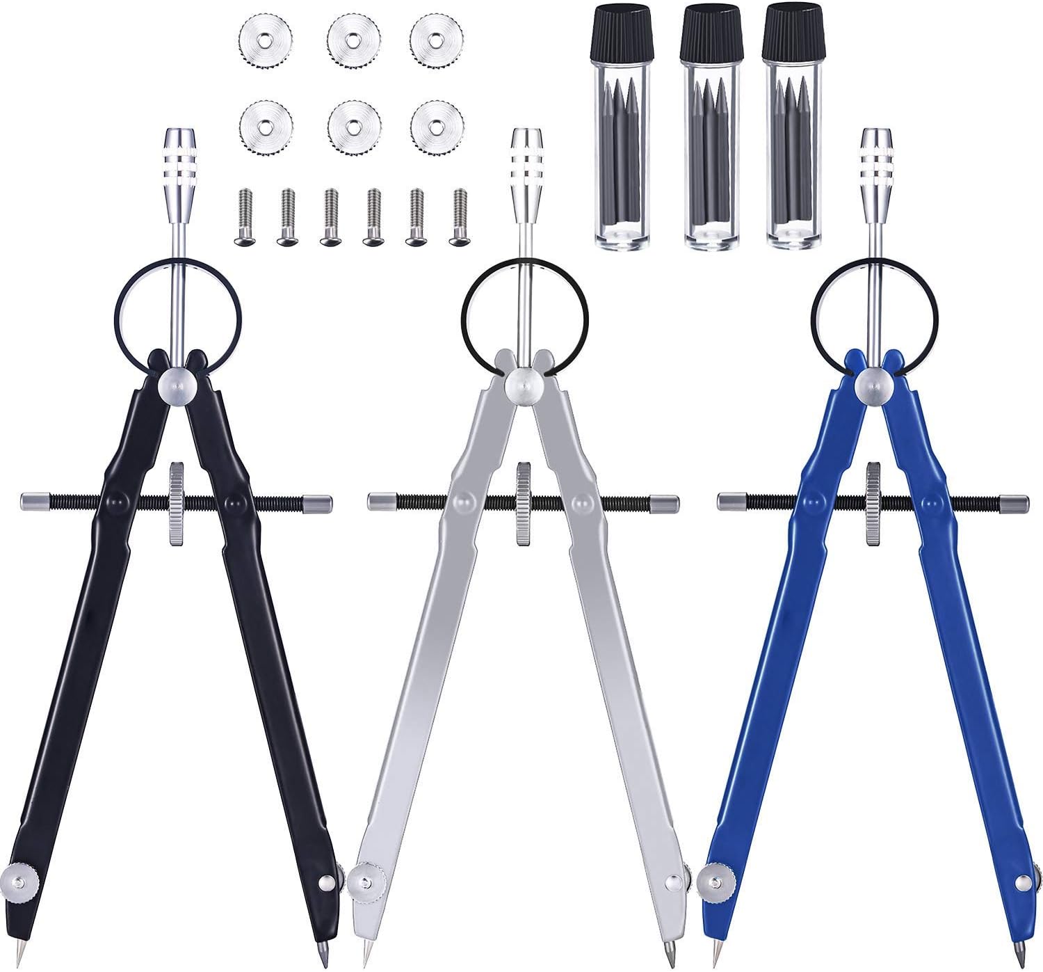 M-Aimee 3-Piece Metal Compass Set, 6 Inch, Blue, Silver, Black, Spare ...