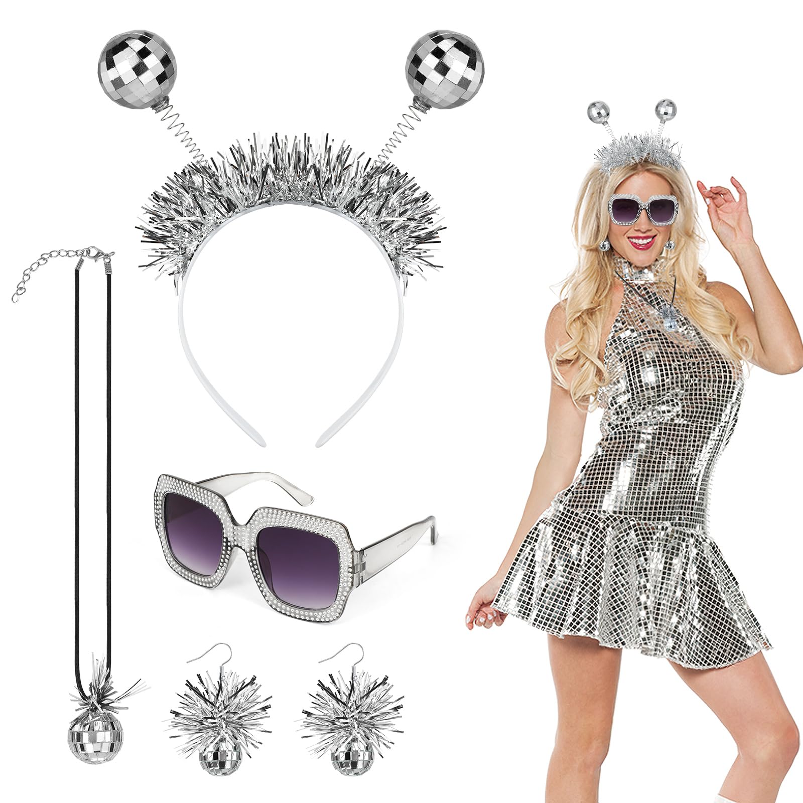 4PCS 70s Disco Accessories, Alien Disco Ball Headband Glitter ...