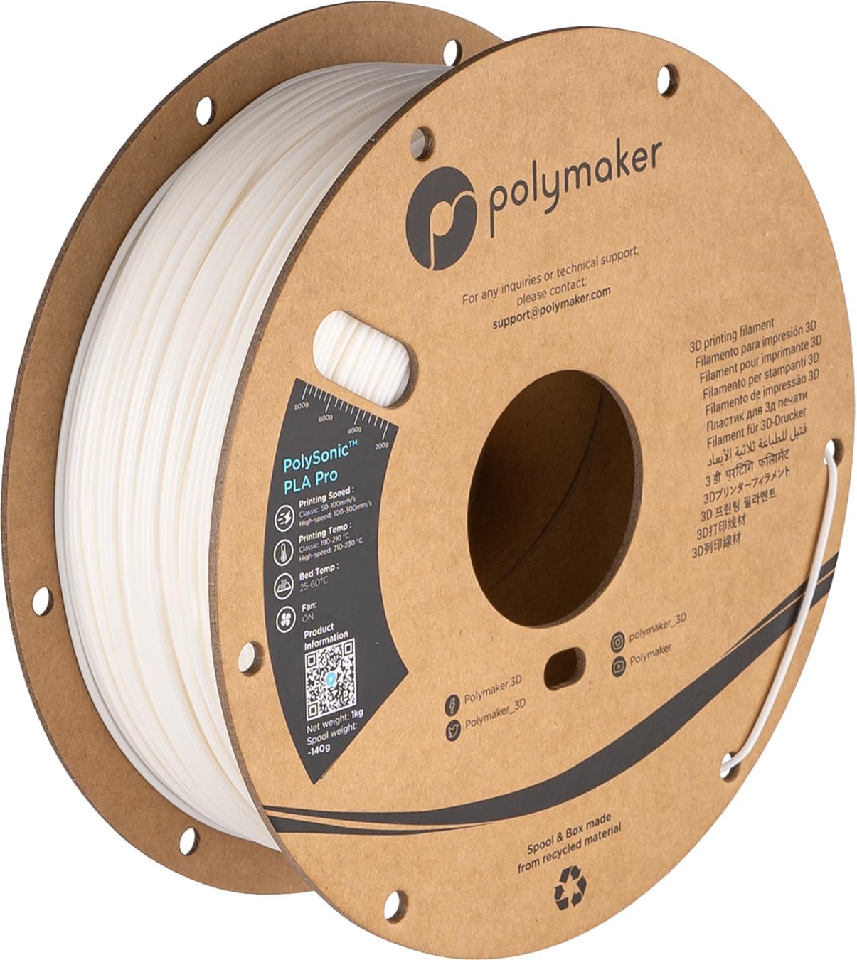 Polymaker High Speed PLA Pro Filament 1.75mm, White PolySonic PLA Pro ...