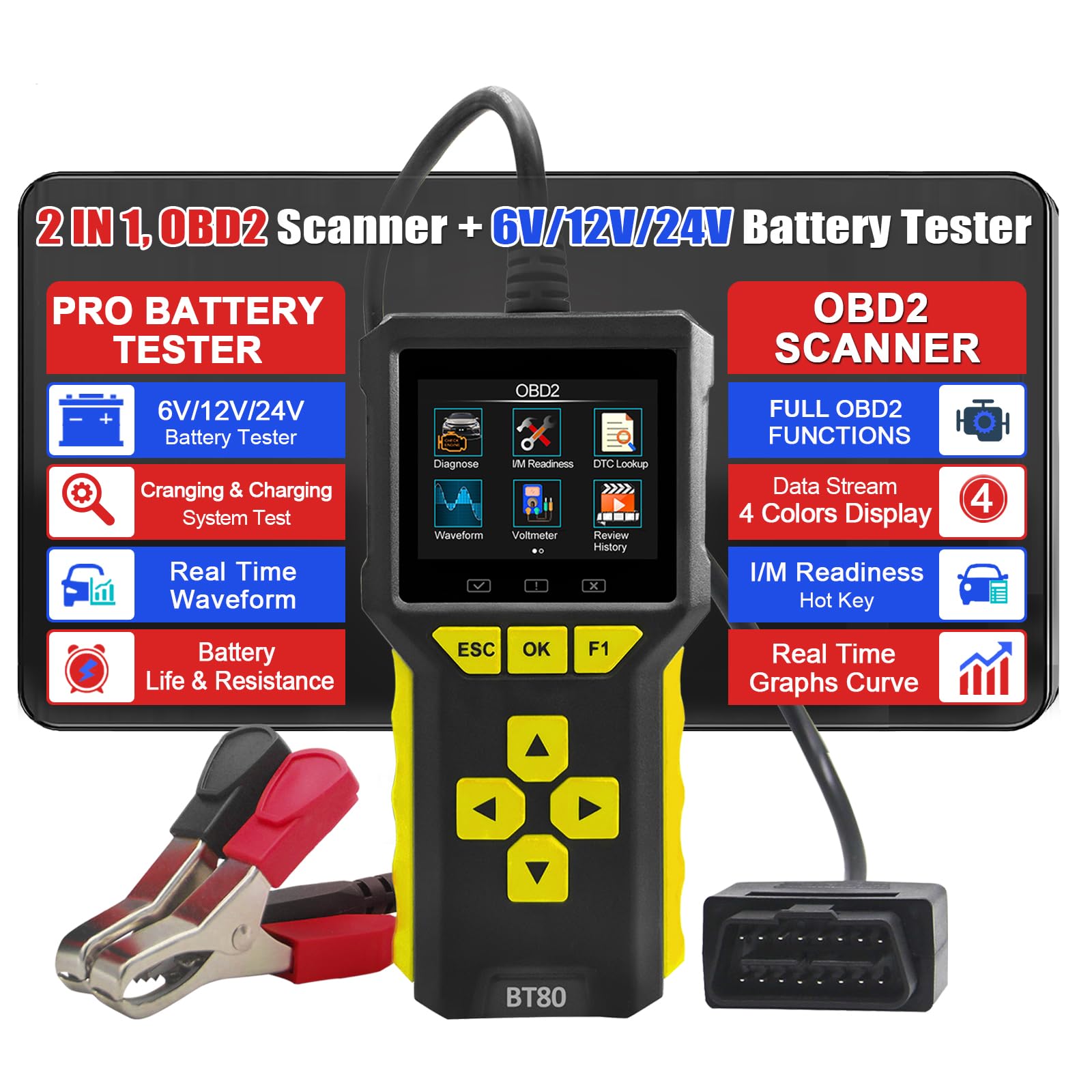 Buy iKiKin OBD2 Diagnostic Devices Battery Tester 2-in-1 Code Reader ...