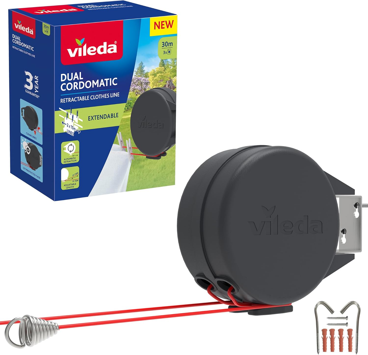 Vileda Dual Cordomatic Retractable Washing line 30m | 2x 15m clothes ...