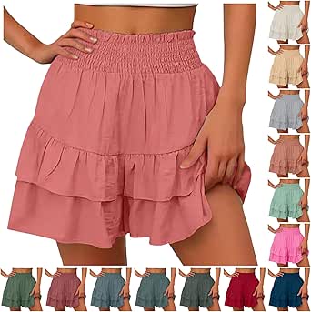 Women's Shorts High Waisted Ruffle Shorts with Floral Pleated Hem ...