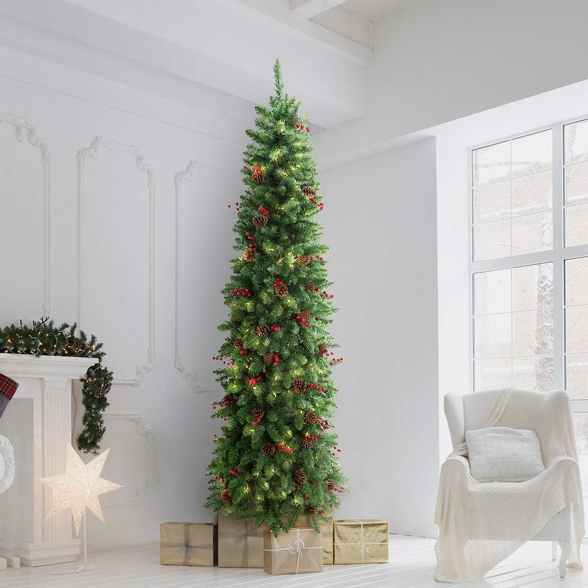 Amazon.com: OasisCraft 9FT Pre-lit Slim Artificial Christmas Pine Tree ...