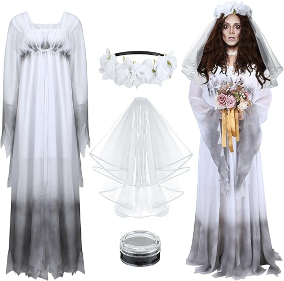 Amazon.com: Mepase Halloween Women Gossamer Ghost Costume Gothic Victorian Fancy Dress White ...