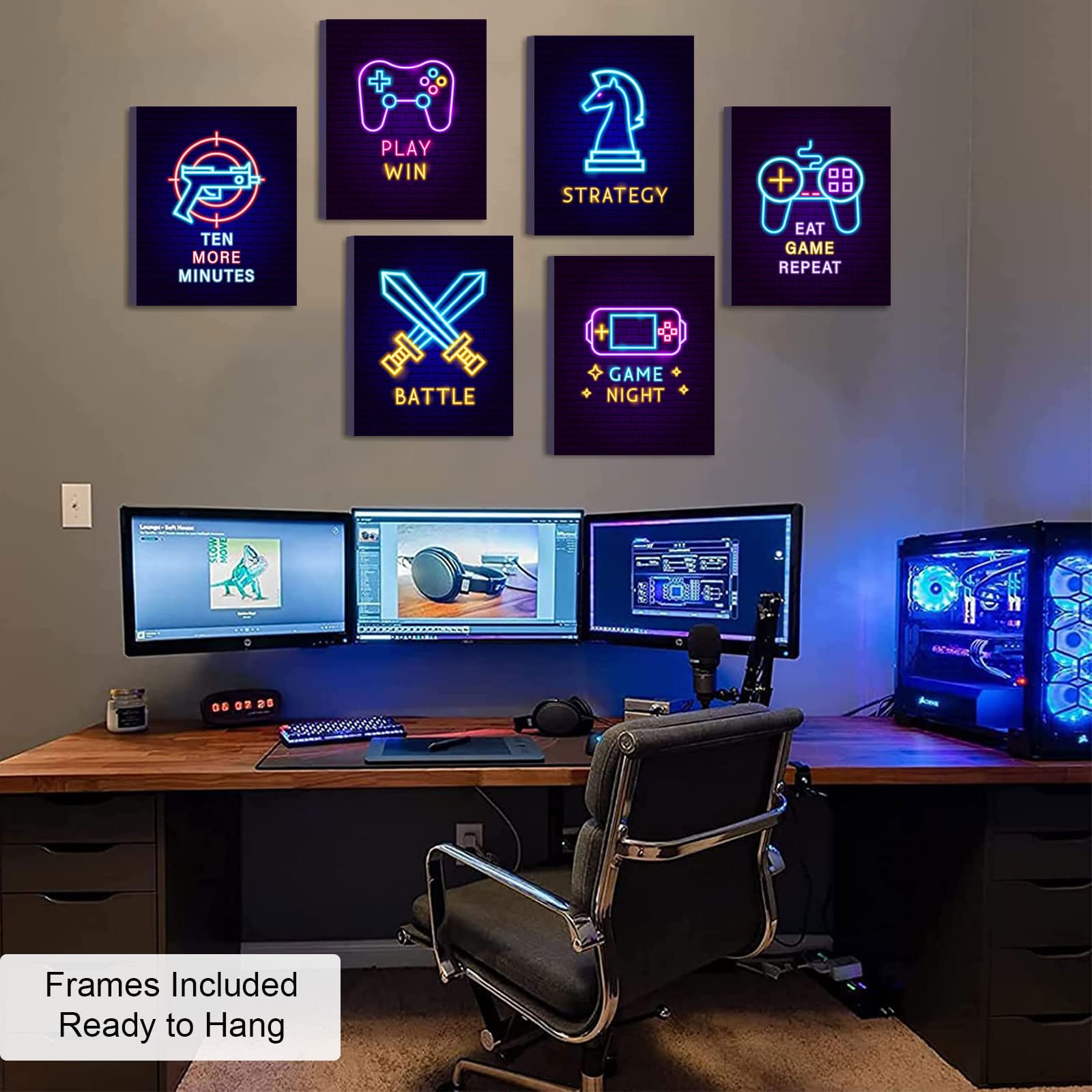 FRAMED Gamer Room Decor, Printed Neon Canvas Video Game Decor Colorful ...