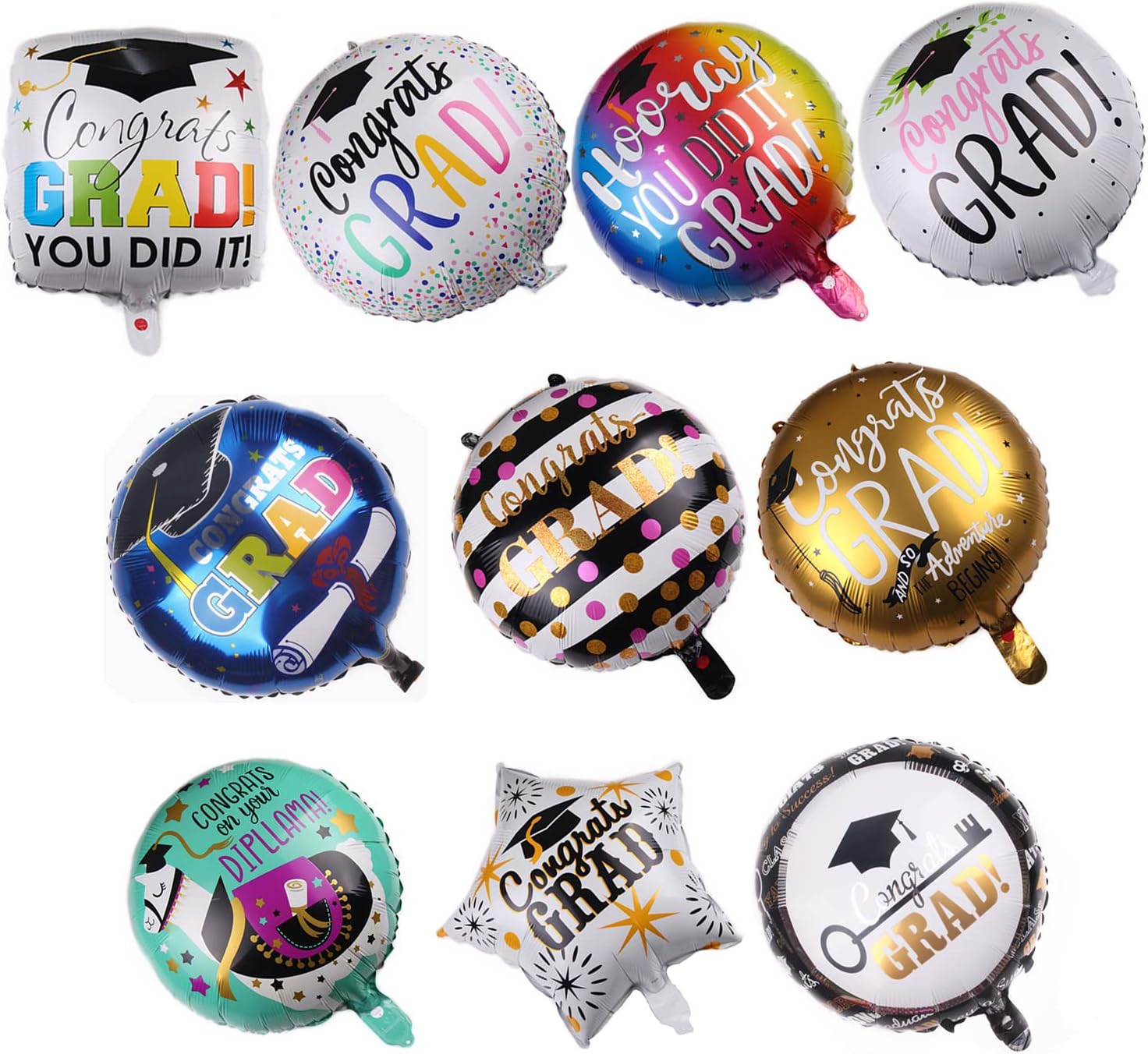 10 Pieces Graduation Foil Balloons Large Round Shaped Mylar Balloons ...