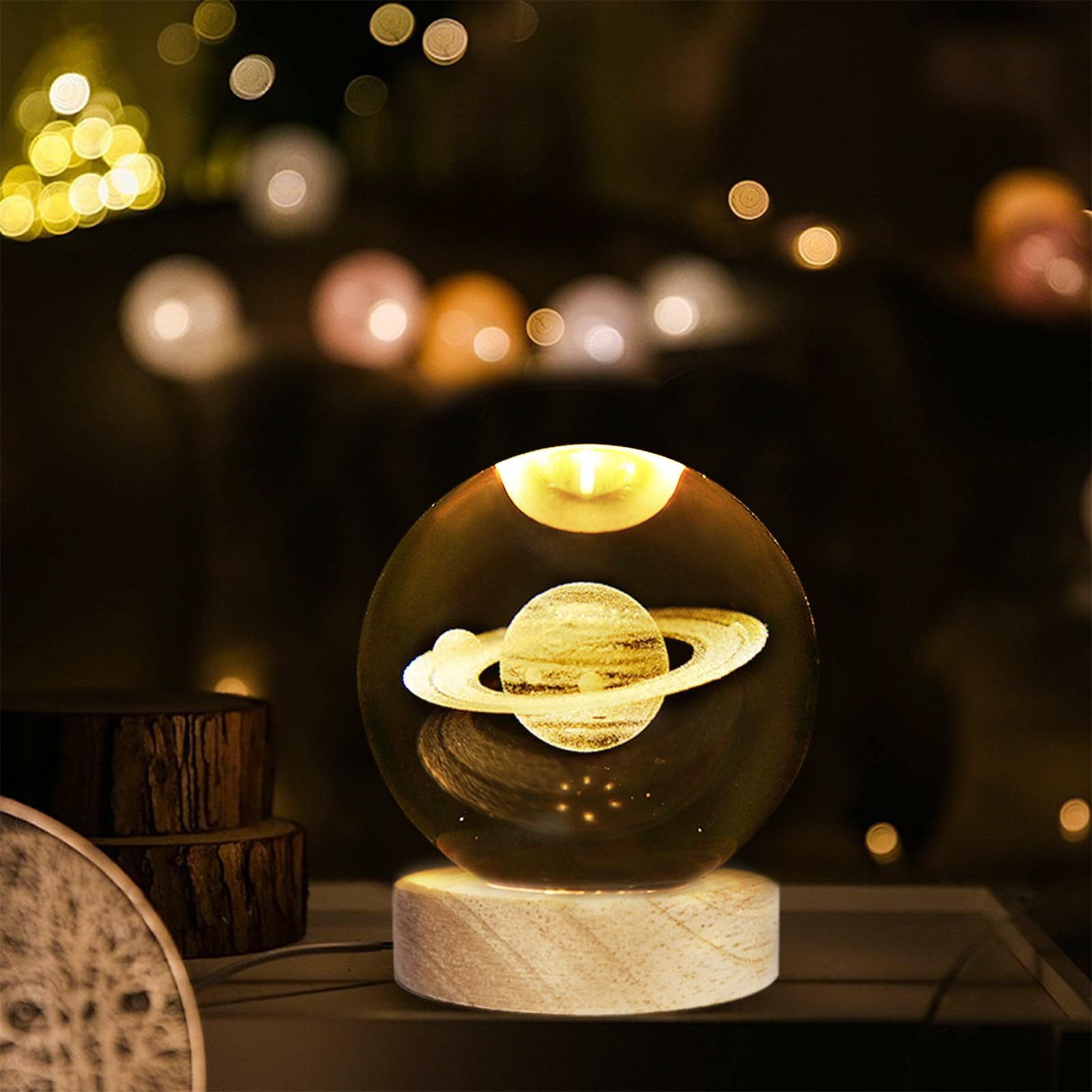 3D Saturn Crystal Ball, Glass Ball Night Lamp with Wood Base Fantasy ...