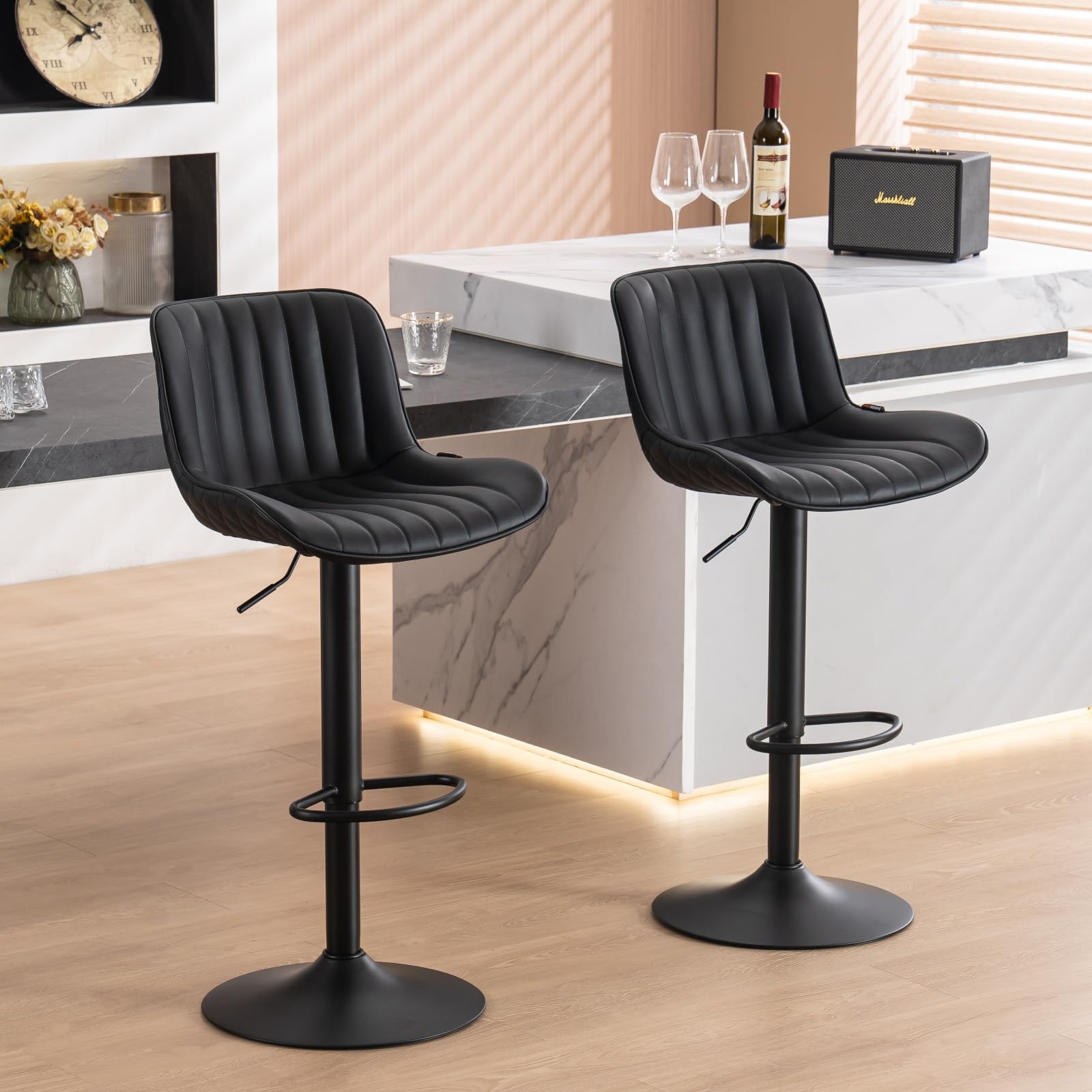 YOUNUOKE Black Bar Stools Set of 2 Counter Height Barstools PU Leather ...