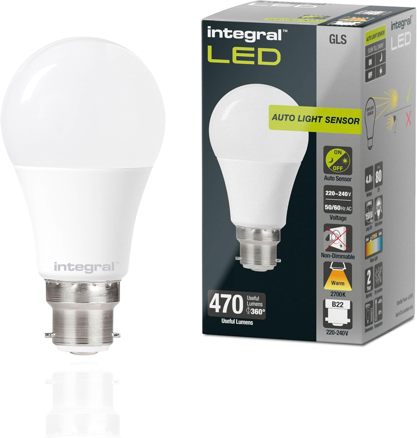 Integral LED 2 Pack B22 Non-Dimmable Dusk to Dawn Dual Sensor Frosted ...