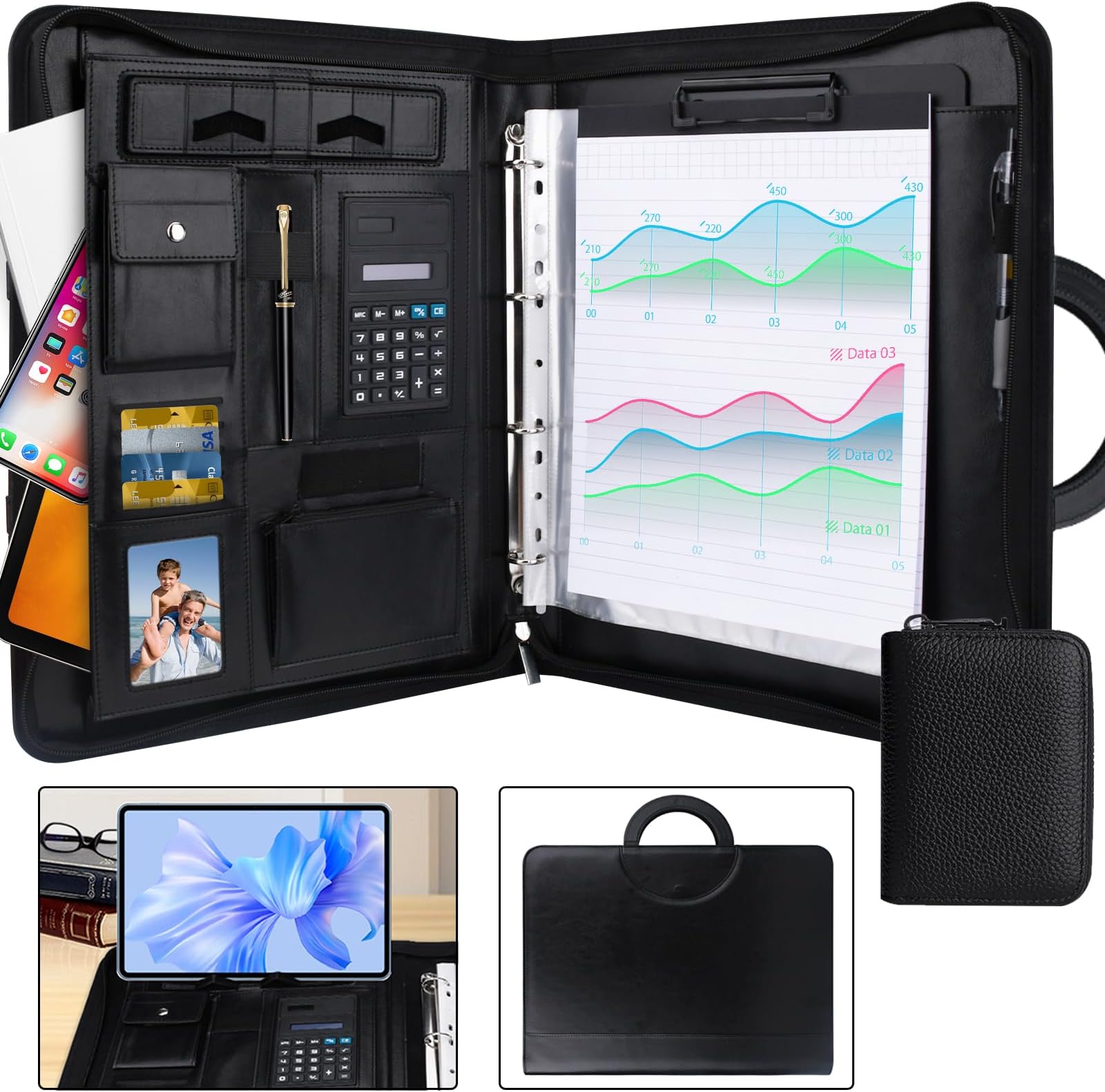 WONSEFOO Porte-documents A4, avec anneaux en cuir, porte-documents ...