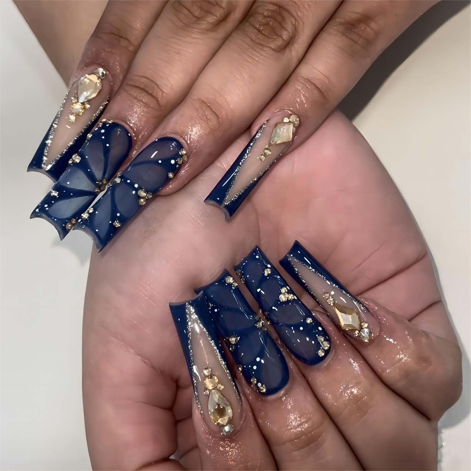 Amazon.com: QQPPOLIU Dark Blue Press on Nails Long Nails Press Ons with ...
