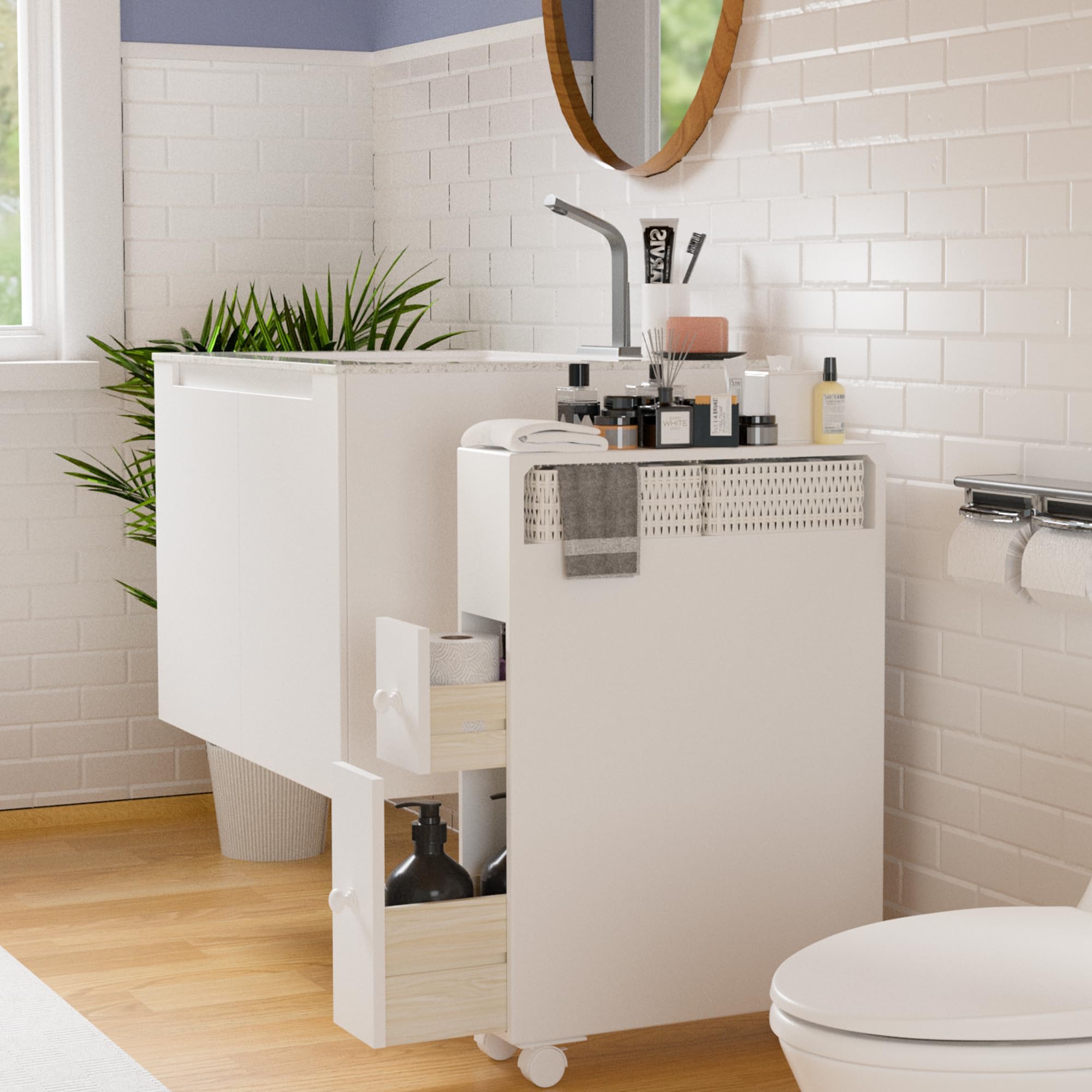 Amazon.com: FIREFLOWERY Slim Bathroom Storage Cabinet, 2 Baskets ...