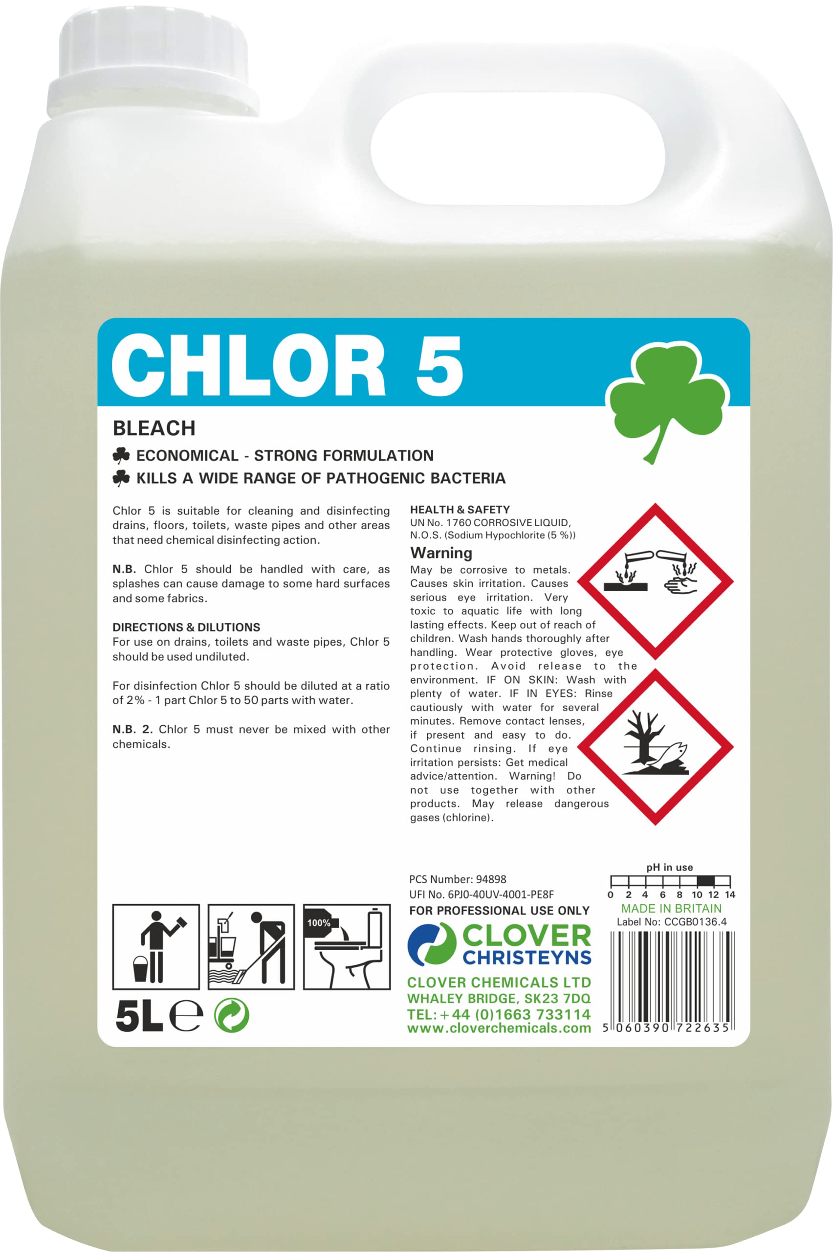 Clover Chemicals Chlor 5 Bleach (206) 5 Ltr : Amazon.co.uk: Business ...