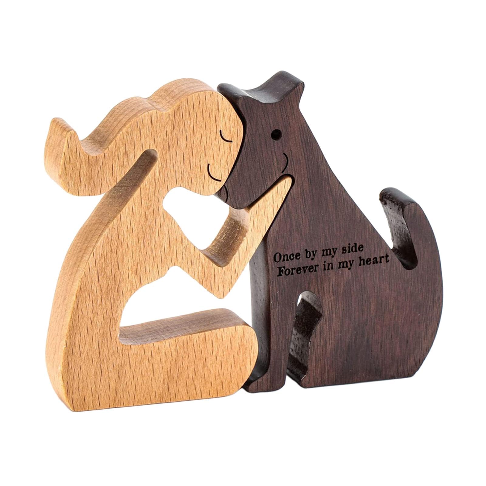 MagiDeal Man and Dog Wooden Statue Wooden Sculpture Dog Figures ...