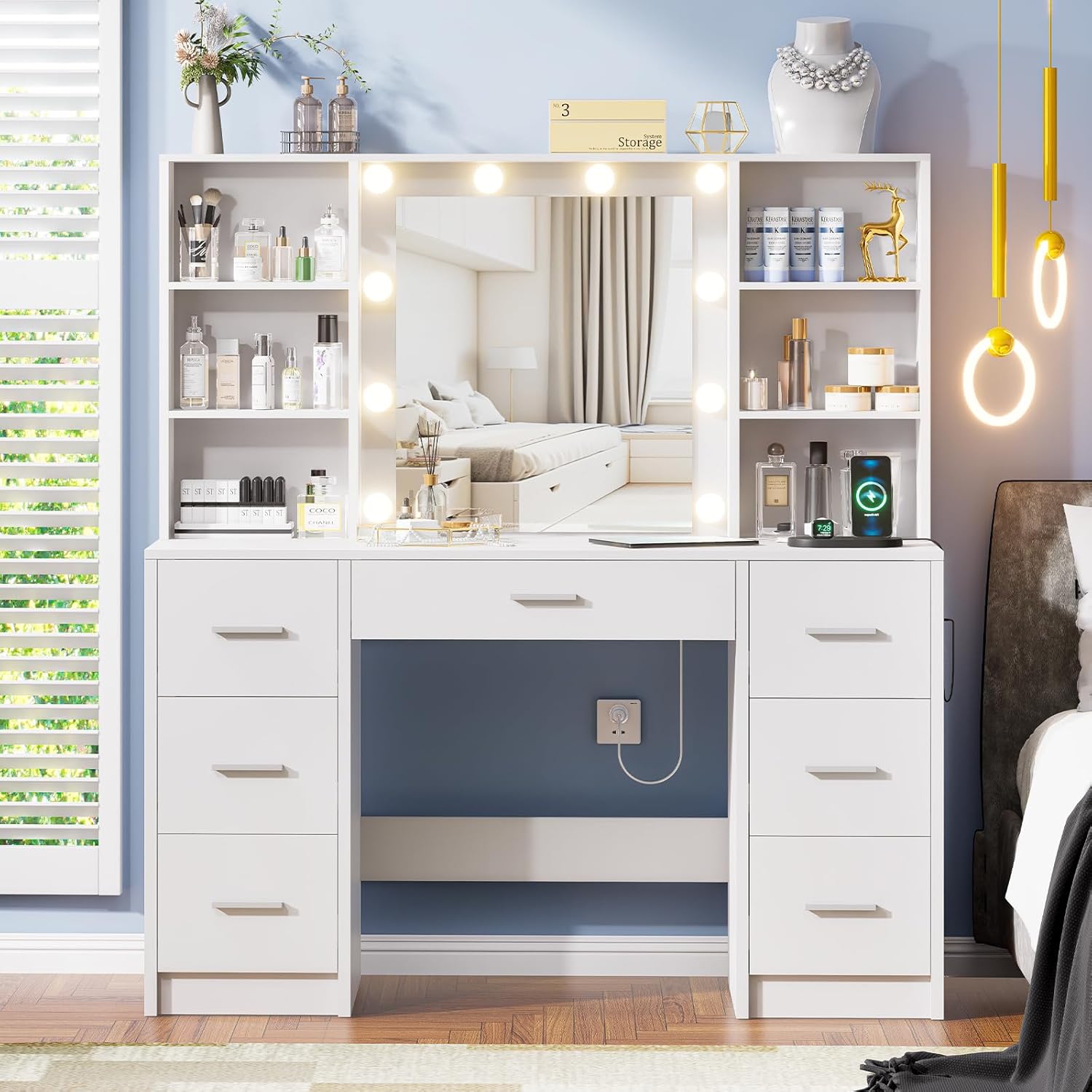 Amazon.com: DDONGMM Large Vanity Desk with Mirror and 10 Lights, Makeup ...