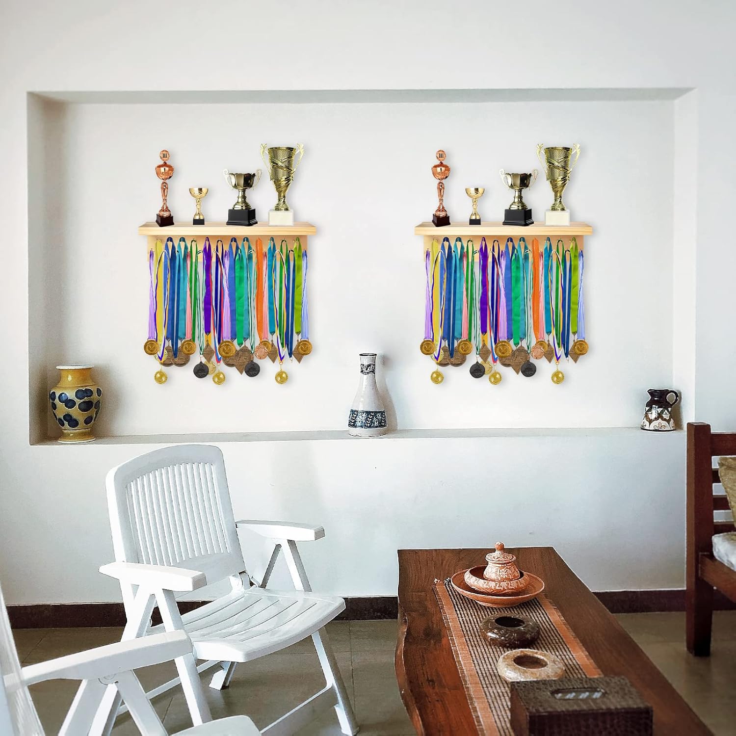 VASZOLA Wooden Medal Hanger Display Trophy Shelf with 5Pcs Steel Hooks ...