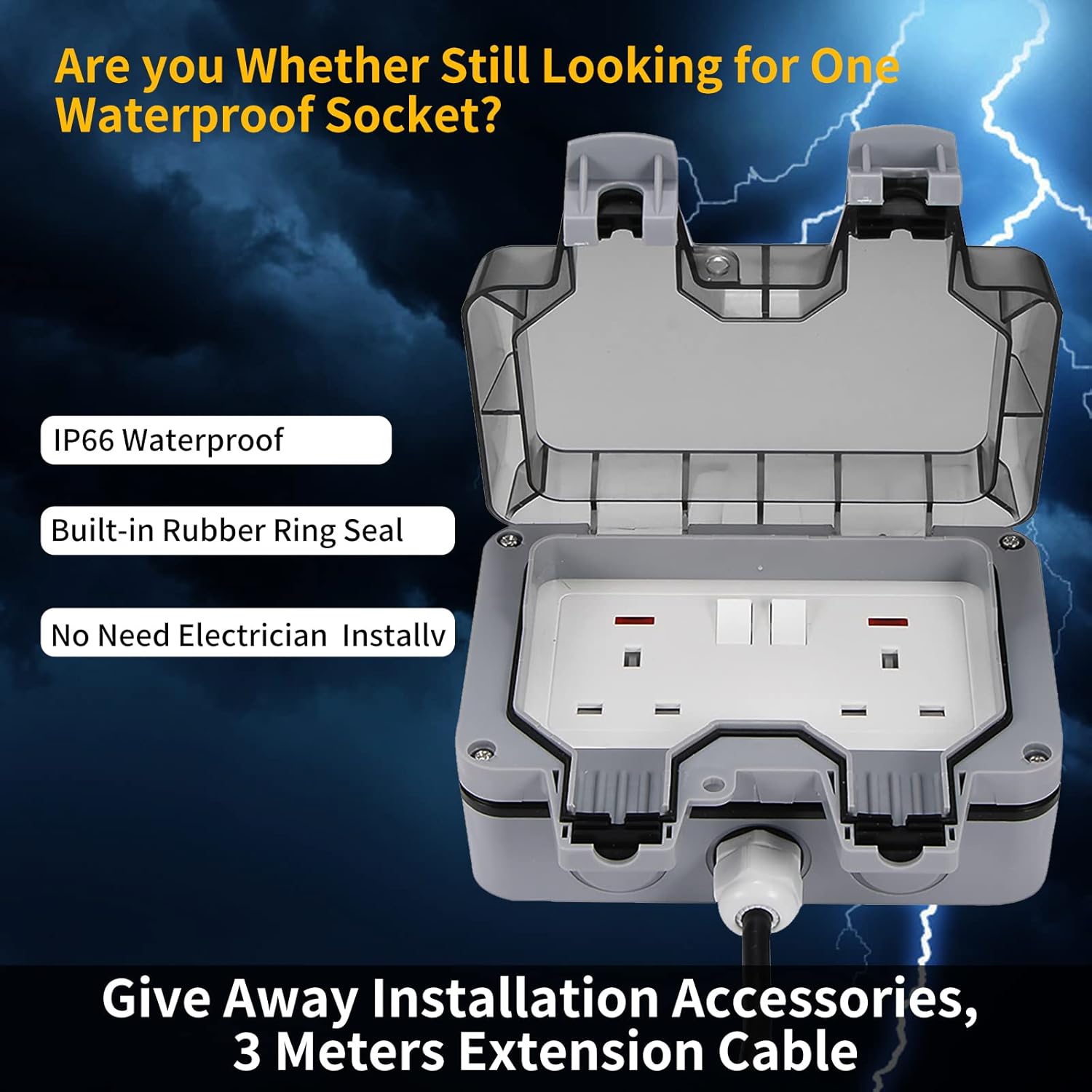 YUNYODA Outdoor Waterproof Double Socket with 20FT/6M Extension Cable ...