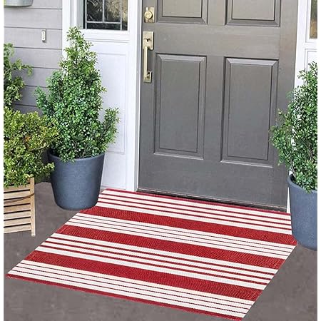 Amazon.com: Red and White Striped Doormat 24'' x 35'' Front Porch Rug ...