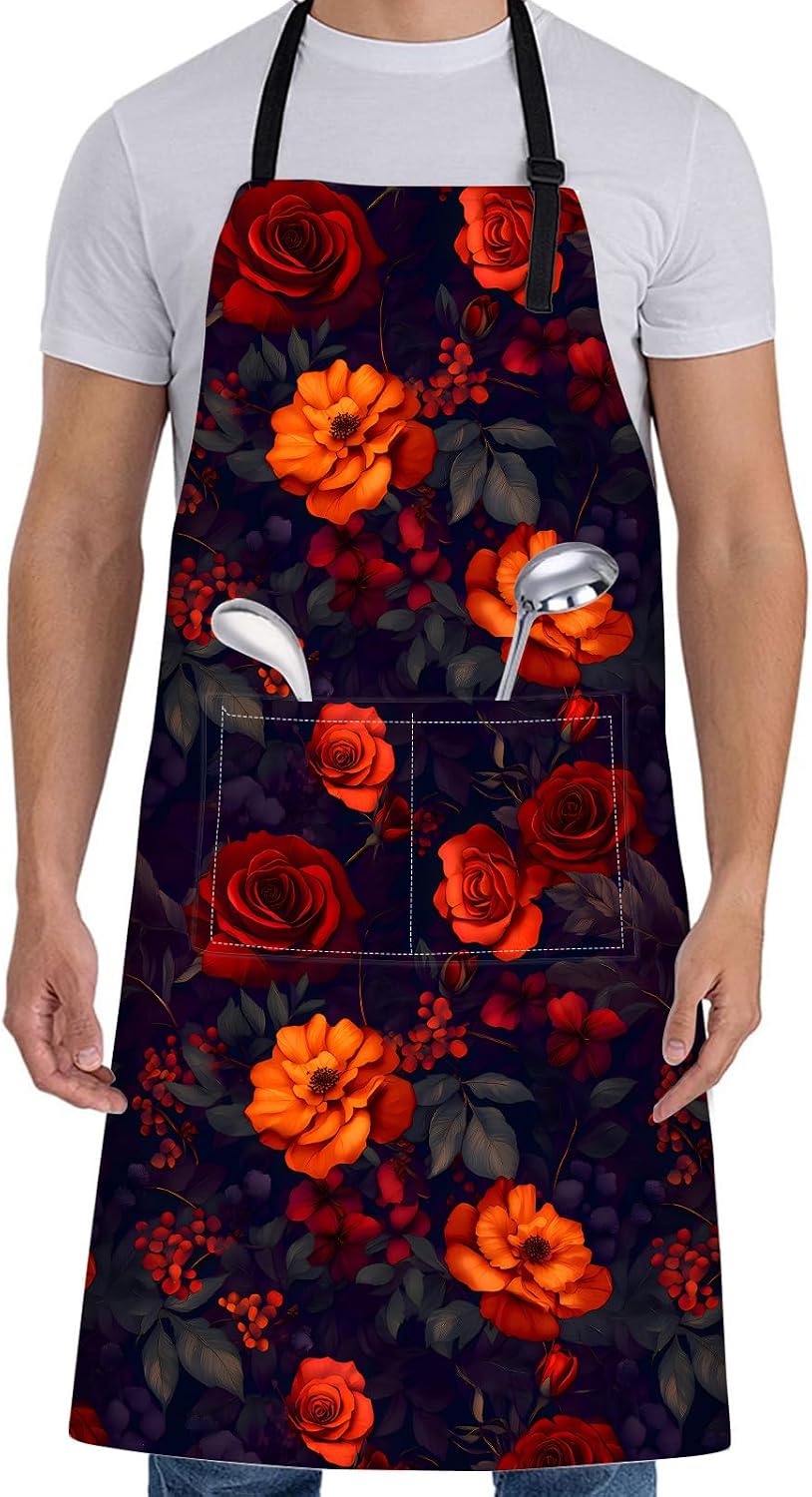 Amazon.com: ainori Floral Apron for Women with Dark Red Orange Rose ...