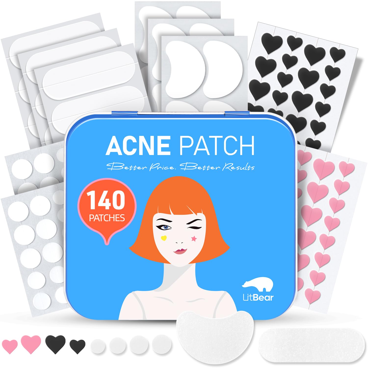 Amazon.com: LitBear Acne Pimple Patch, 8 Sizes 140 Pcs Hydrocolloid ...