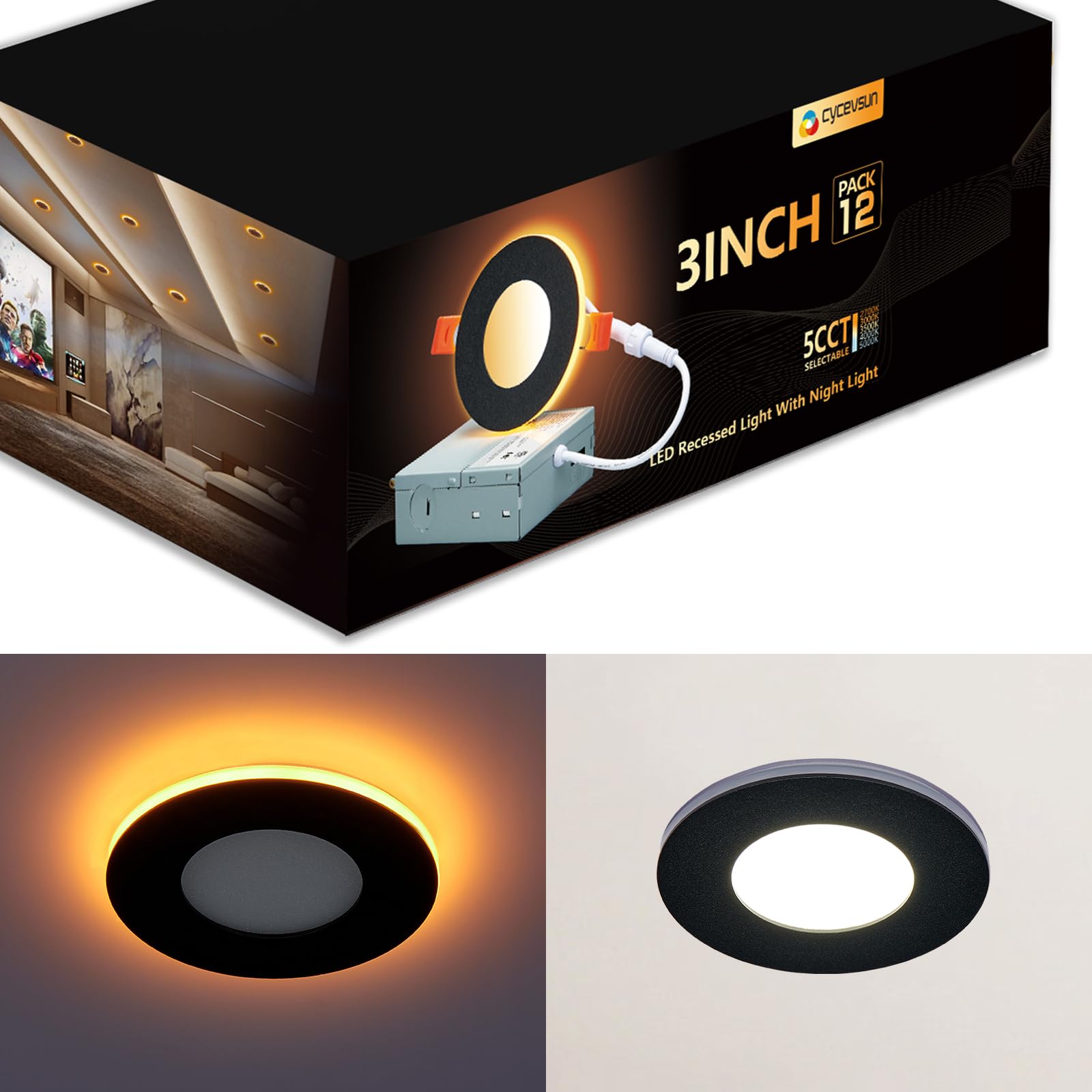 CycevSun 3 Inch Black Recessed Lights with Night Light, Dimmable & 5CCT ...