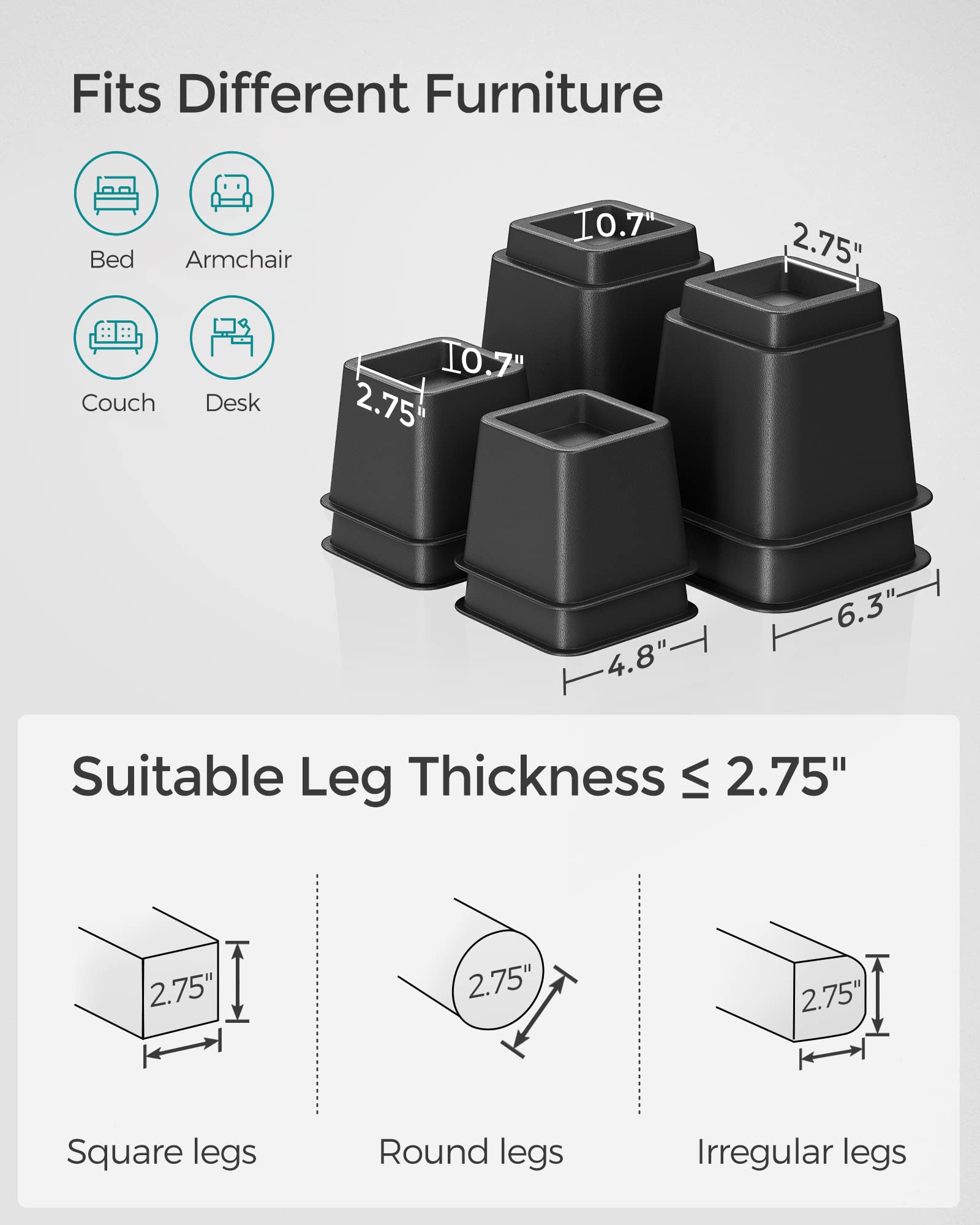 Snapklik.com : Bed Risers, 4-Pack Furniture Risers, Heavy Duty Bed ...