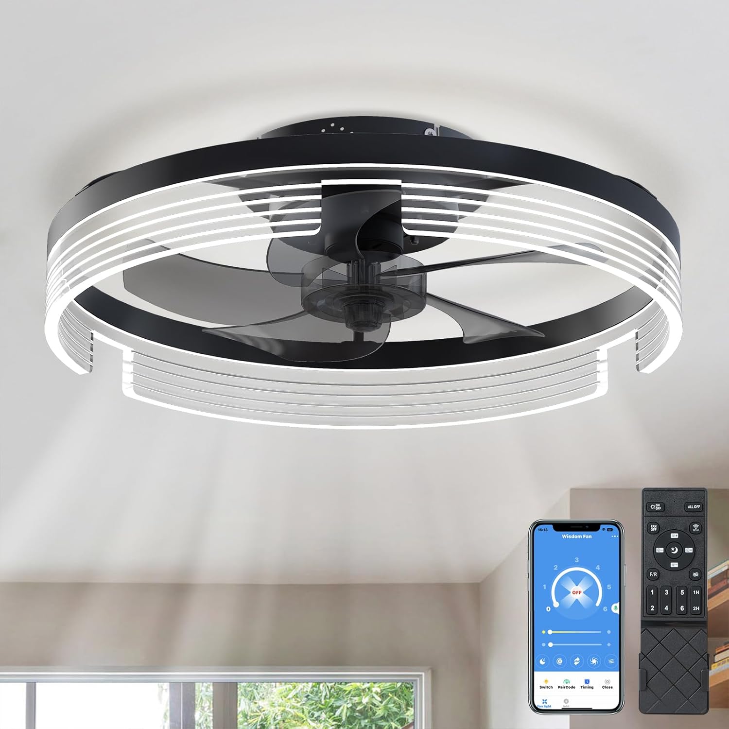 HSC Low Profile Ceiling Fan With Light: Modern Flush Mount Fans Remote ...