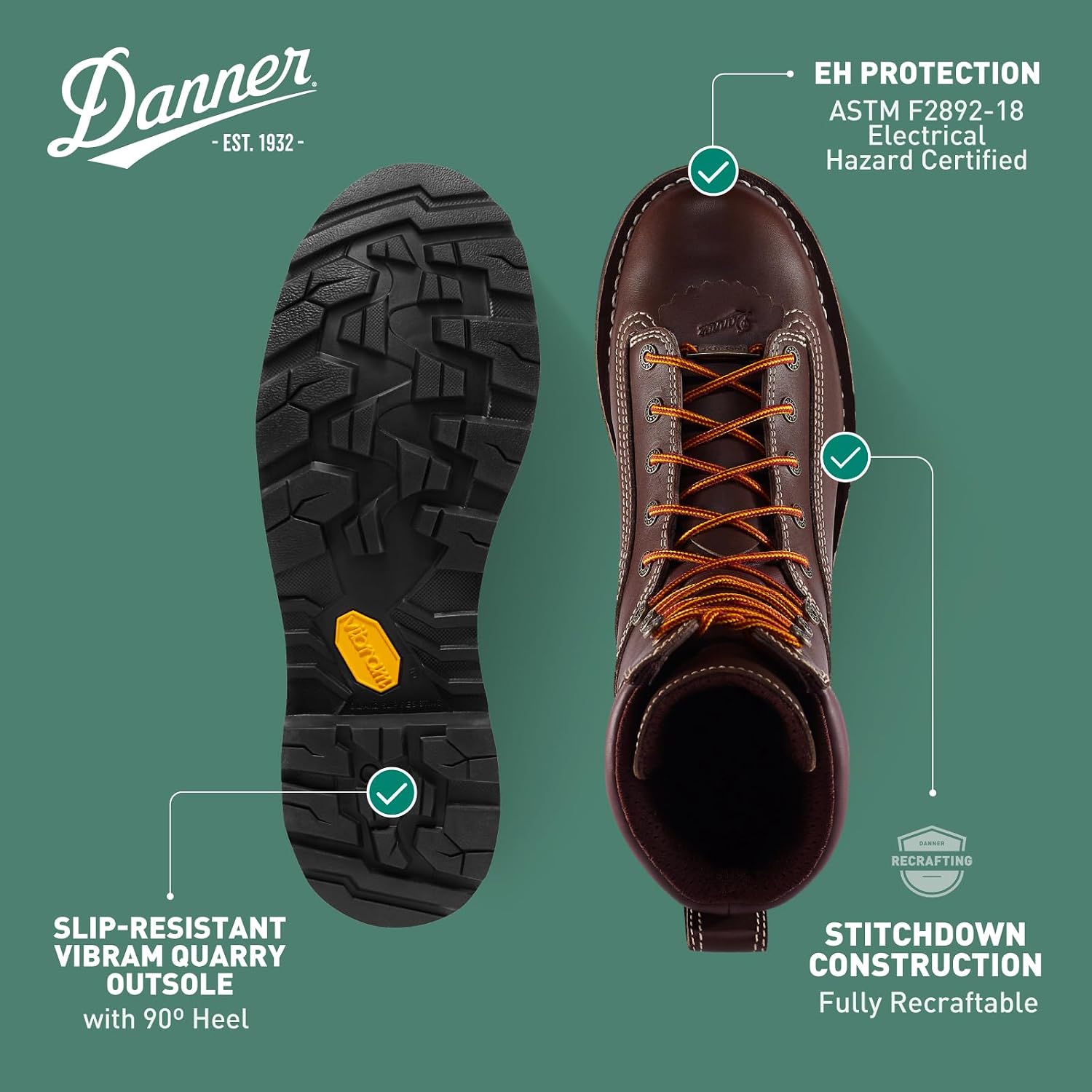 Danner 8” Quarry USA Waterproof Work Boots for Men - Full-Grain Leather ...
