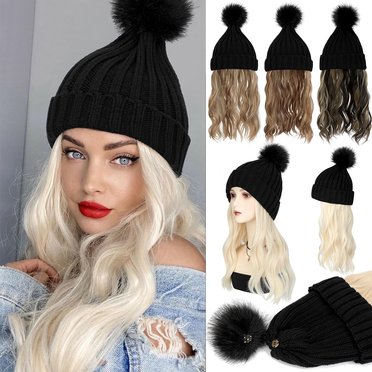 Amazon.com : Qlenkay Beanie with 14'' Hair Extention Curly Wavy Wig Hat ...