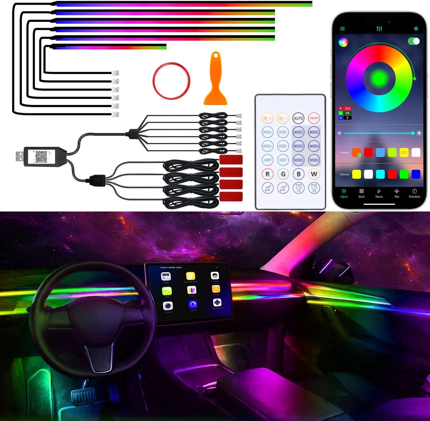 Amazon.com: Car LED Interior Strip Lights, RGB Car Interior LED Light ...