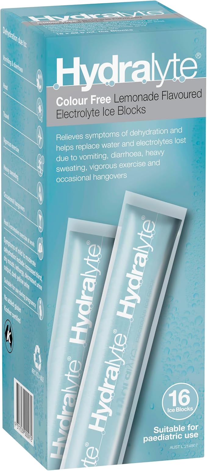 Hydralyte Colour Free Lemonade Flavoured Electrolyte Ice Blocks 16 ...