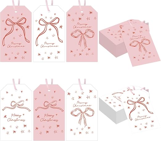 Amazon.com: Eaasty 120 Pcs Christmas Gift Tags with String Pink Bow ...