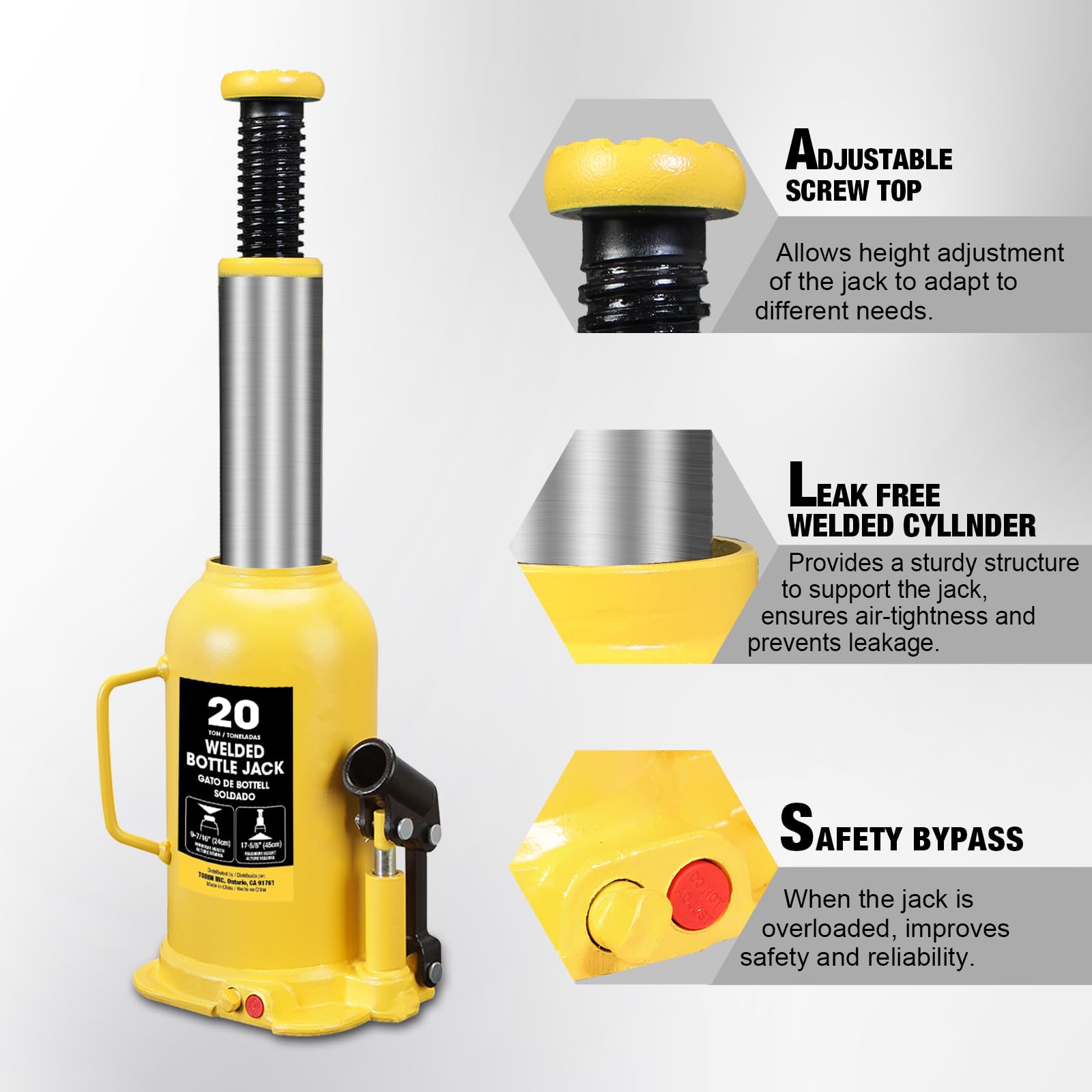 20 Ton Bottle Jack All Welded Hydraulic Jack with 2-Section Long Handle ...