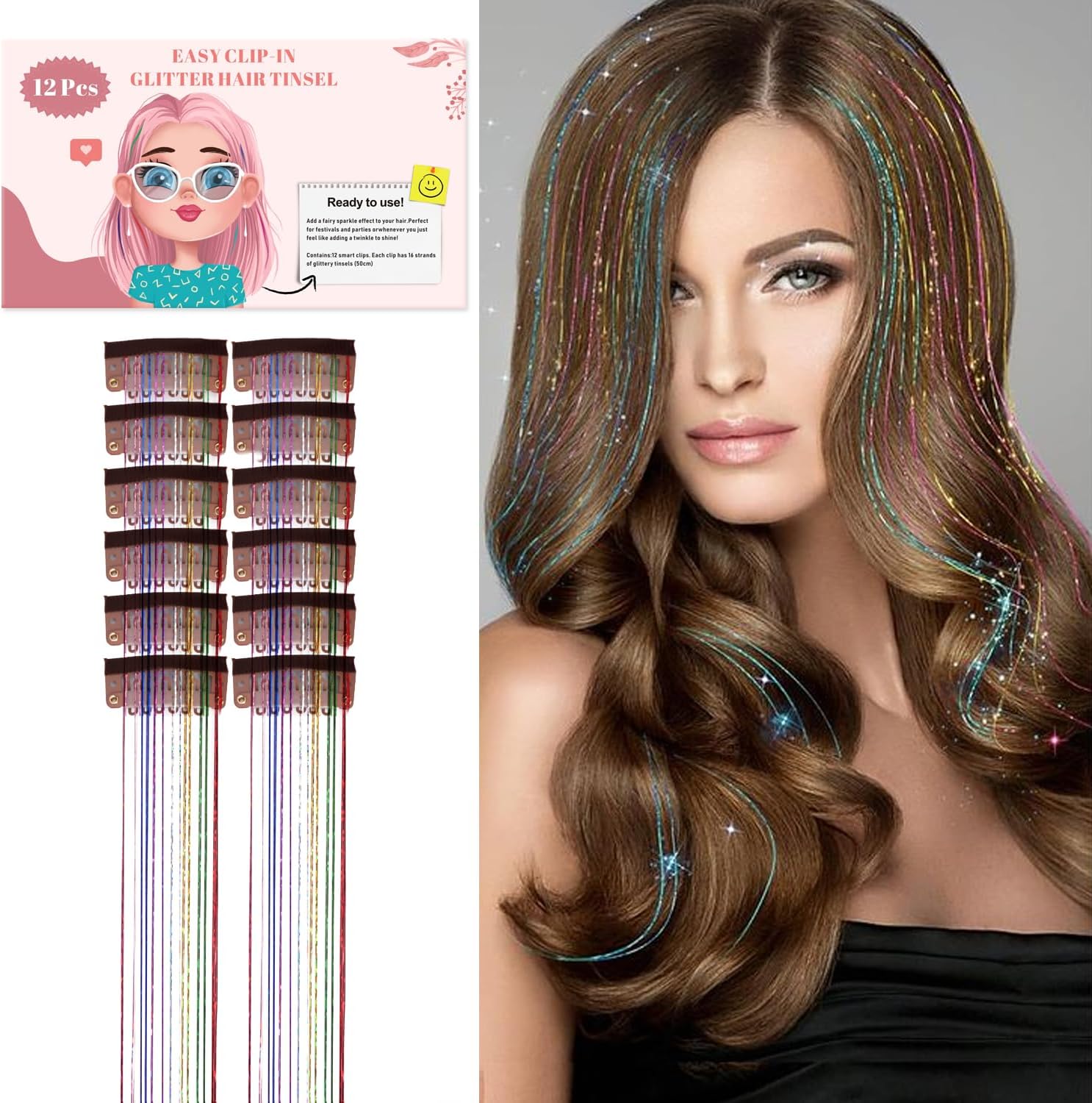 Amazon.com : YOOONXI 12Pcs Hair Tinsel Clip in 19.6Inch Glitter Tinsel ...