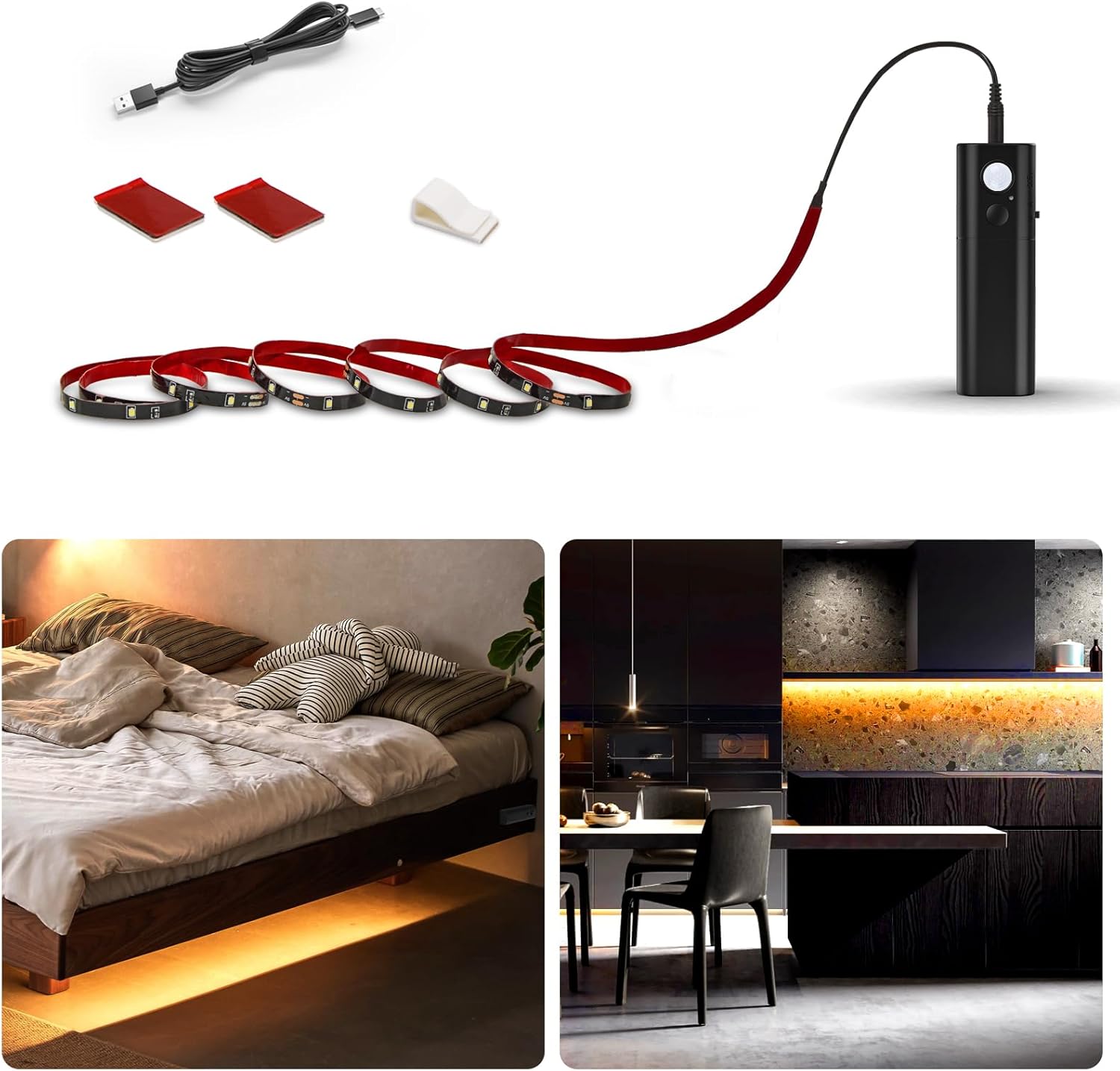 WOBANE Motion Activated LED Strip Light, Rechargeable Magnetic Battery ...