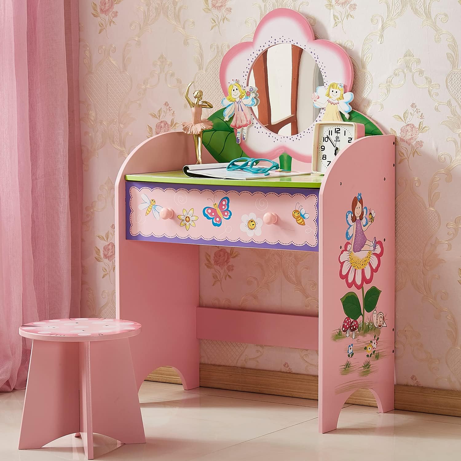 Amazon.com: HILIROOM Kids Vanity Set with Mirror and Stool, Girls ...