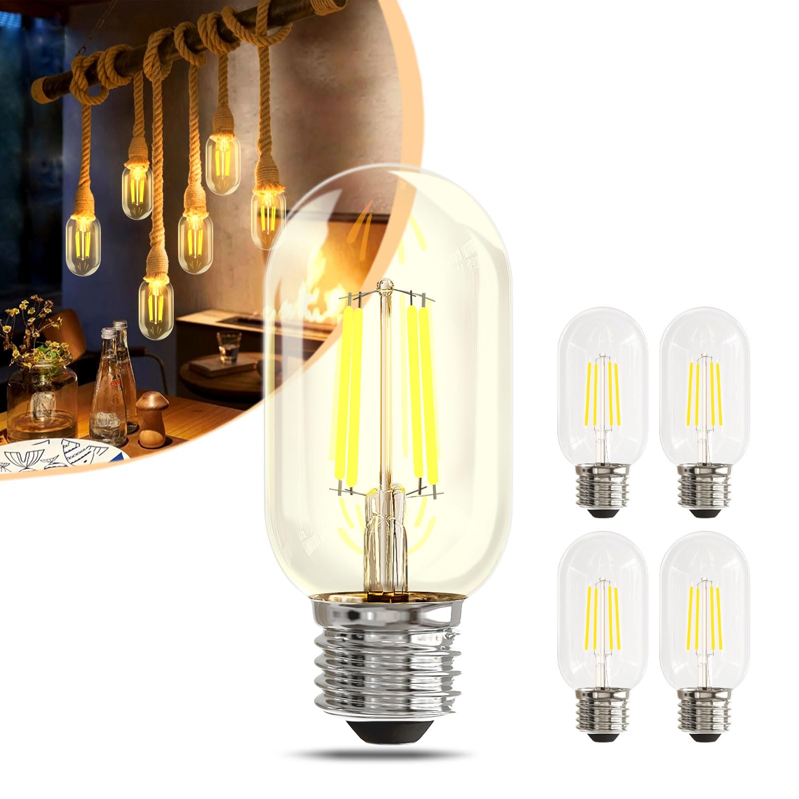 NUODIFAN 4 Pack T45 Dimmable LED Edison Bulbs, Vintage LED Filament ...
