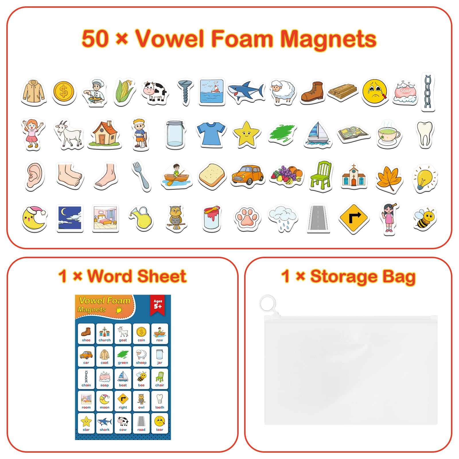 Snapklik.com : Vowel Word Games,Phonics Games,50 Magnetic Foam Objects ...