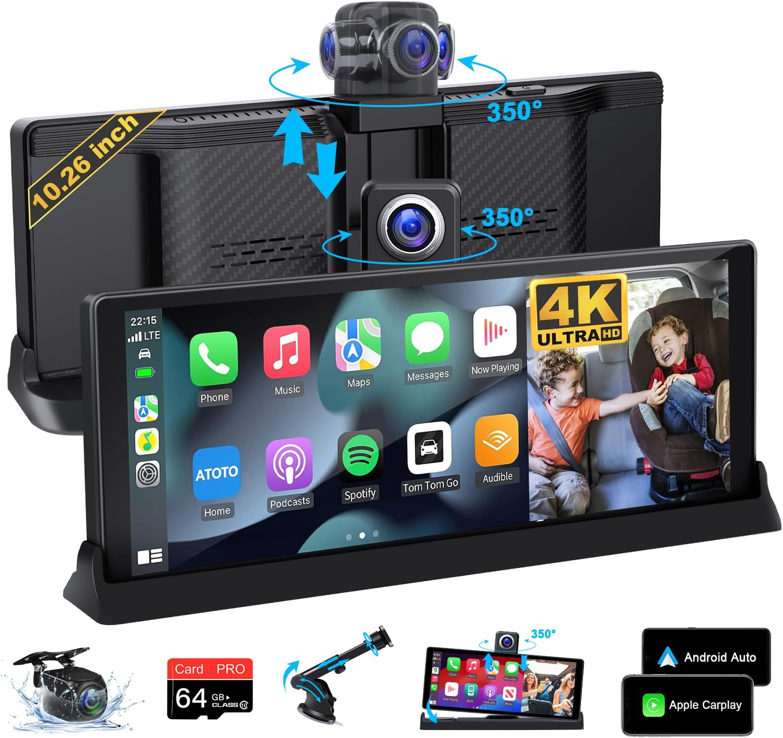 4K Apple Carplay Screen 10.26'' Car Play Screen 350° Rotatable Front ...