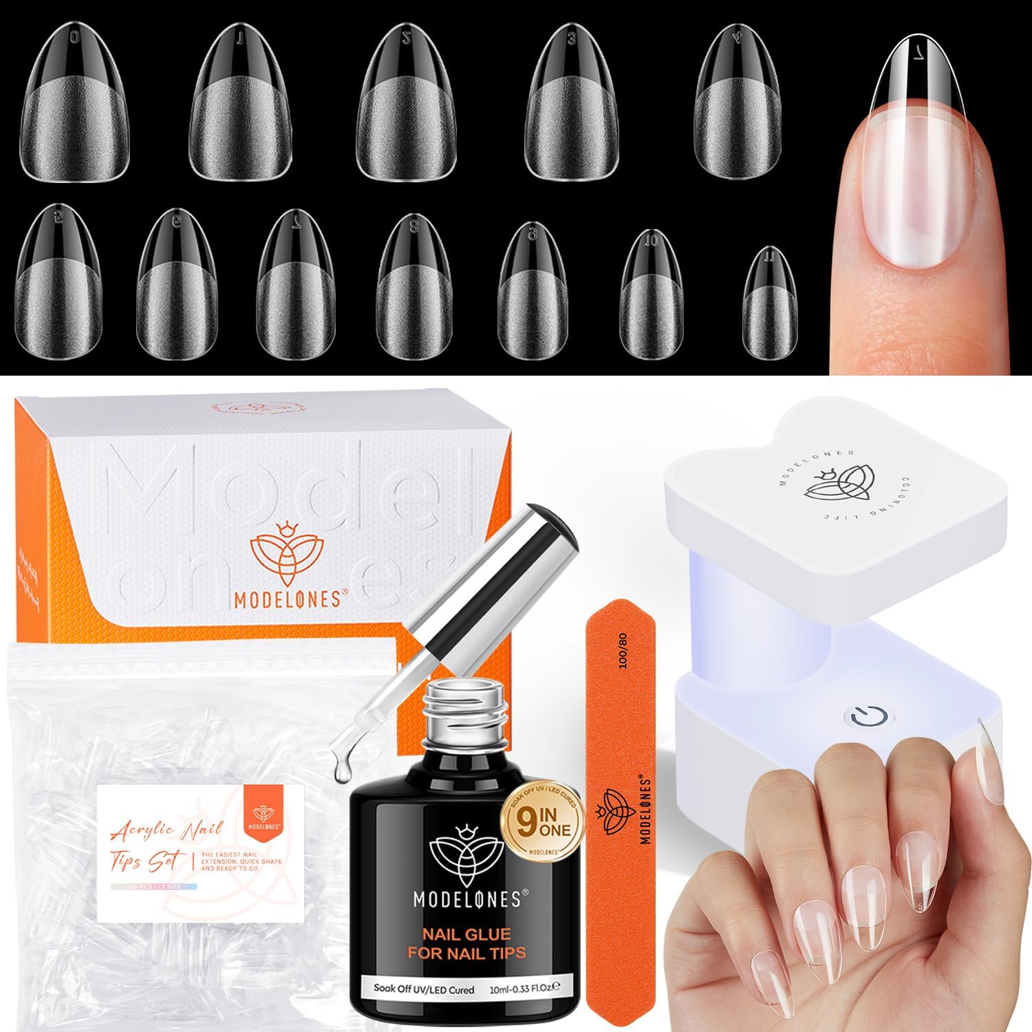 Amazon.com: modelones Gel Nail Kit Short Almond Gel Nail Tips, 9-in-One ...