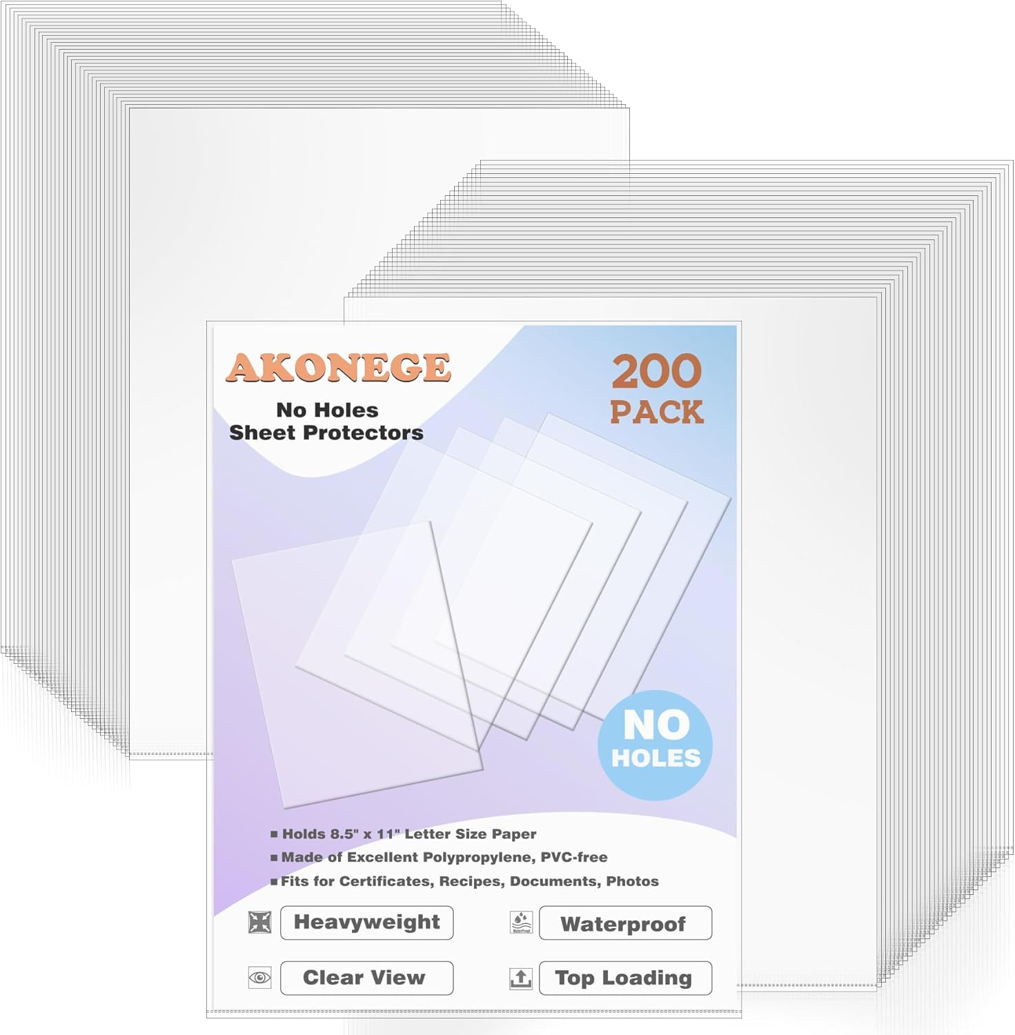 AKONEGE 200 Pack No Holes Sheet Protectors, 8.5 x 11 Inch Letter Size ...
