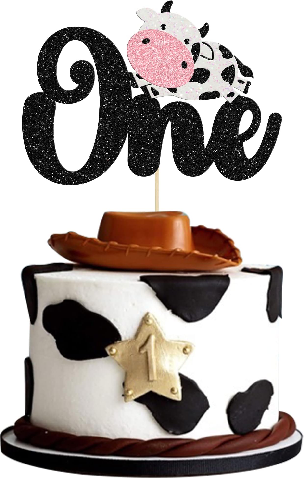 Amazon.com: Gyufise 1Pc Cow One Cake Topper Glitter Farm Animals First ...