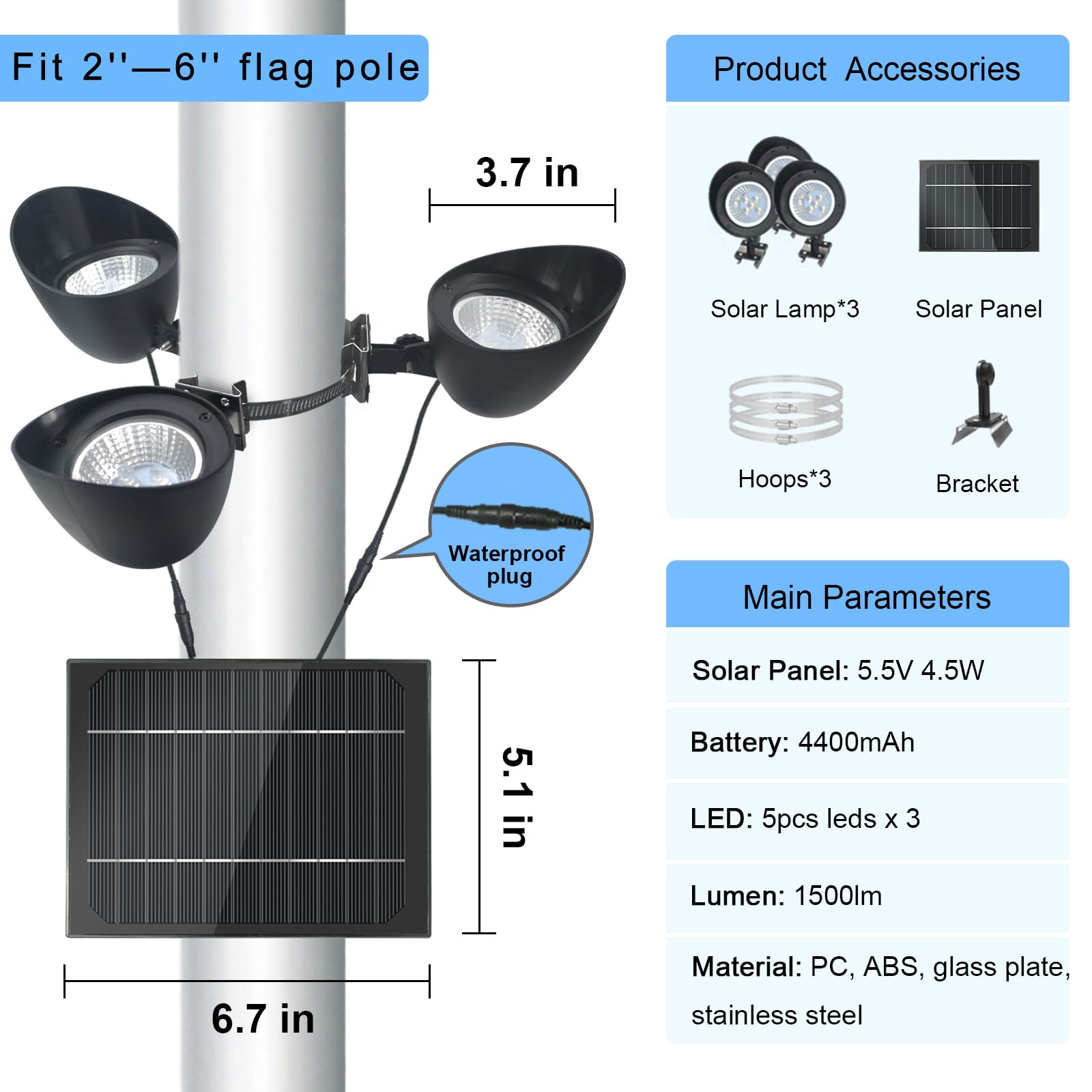 Solar Flagpole Spotlight Bright Solar Flagpole Light Top Mount Wide